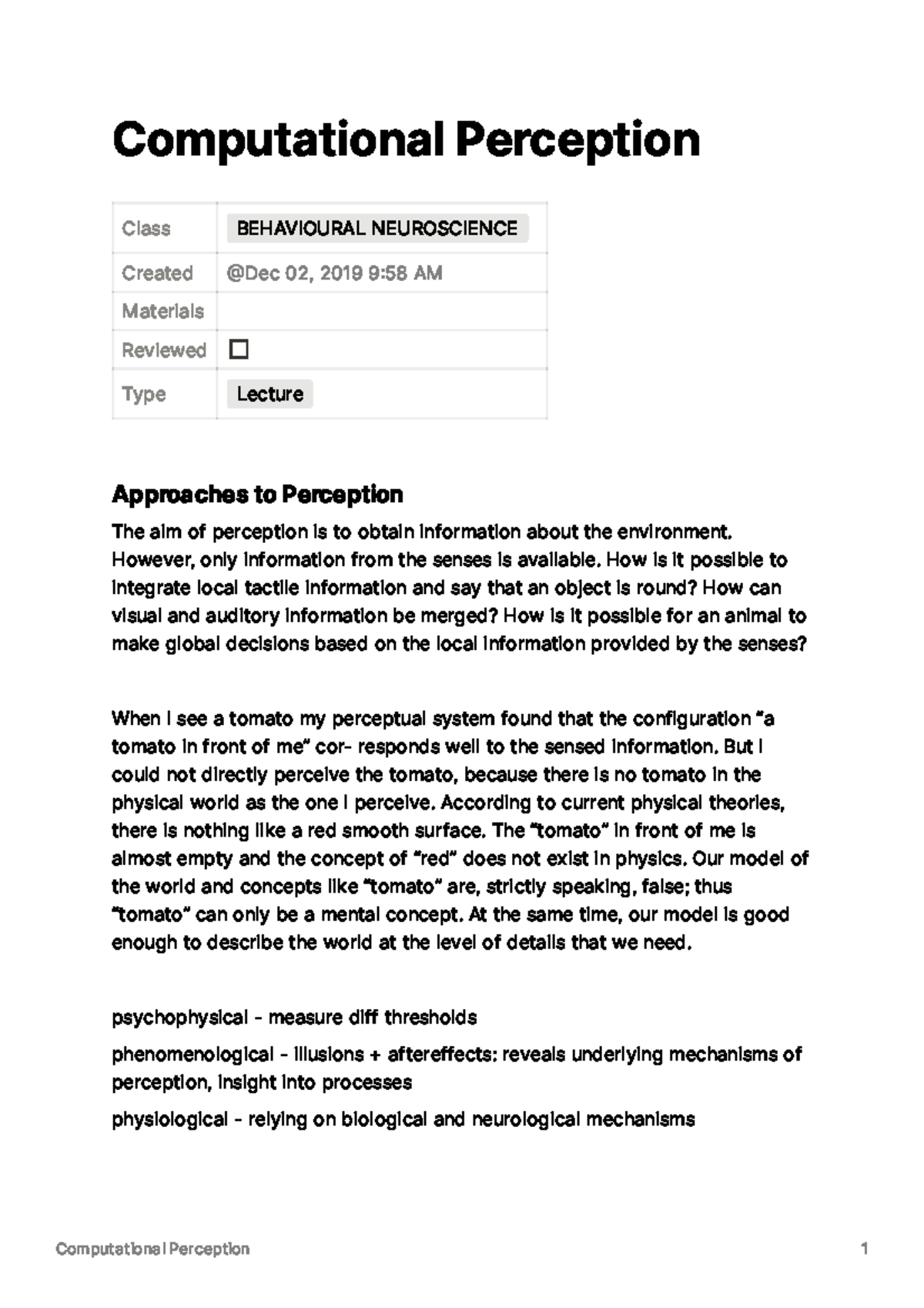 Computational Perception - Computational Perception Class BEHAVIOURAL ...