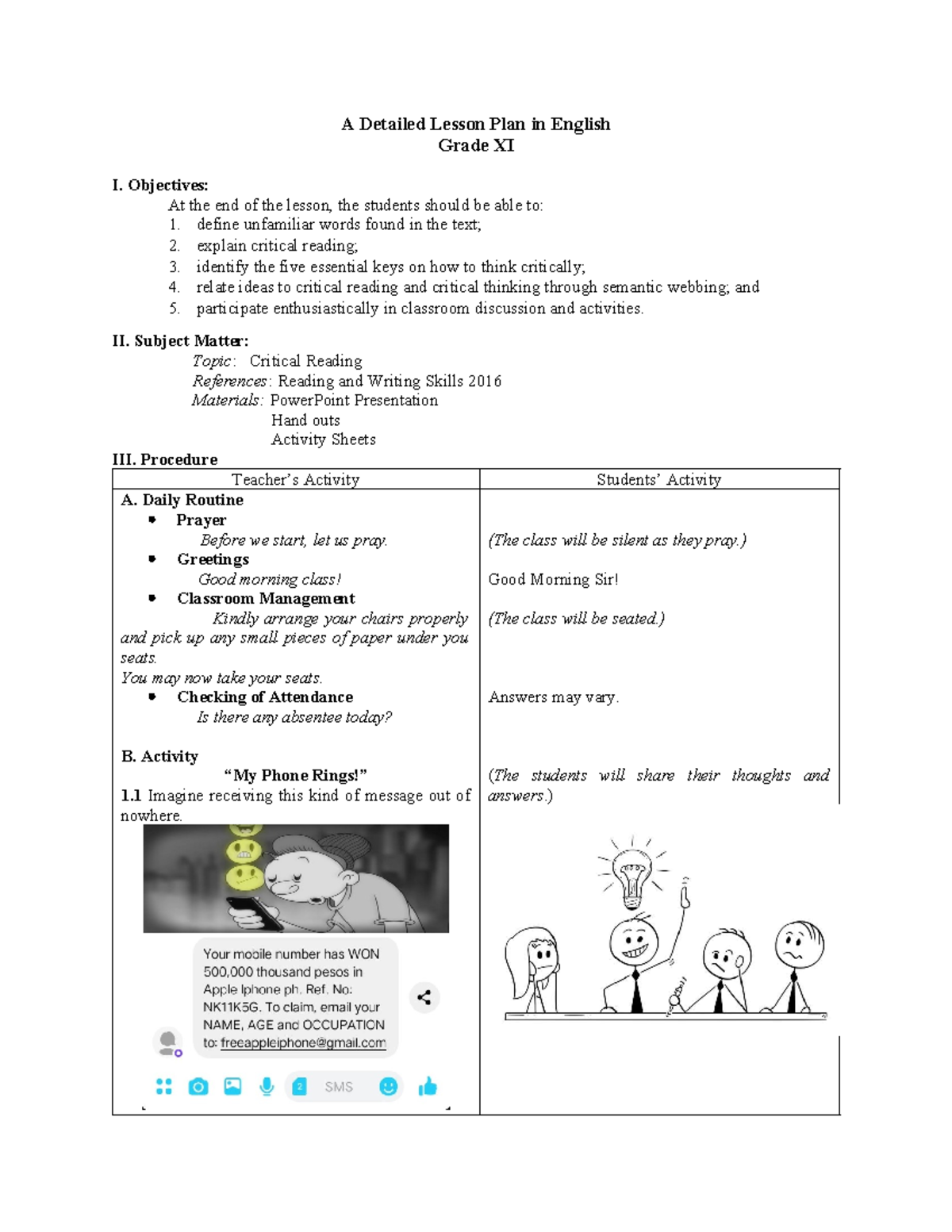 Reading with Comprehension - A Detailed Lesson Plan in English Grade XI ...