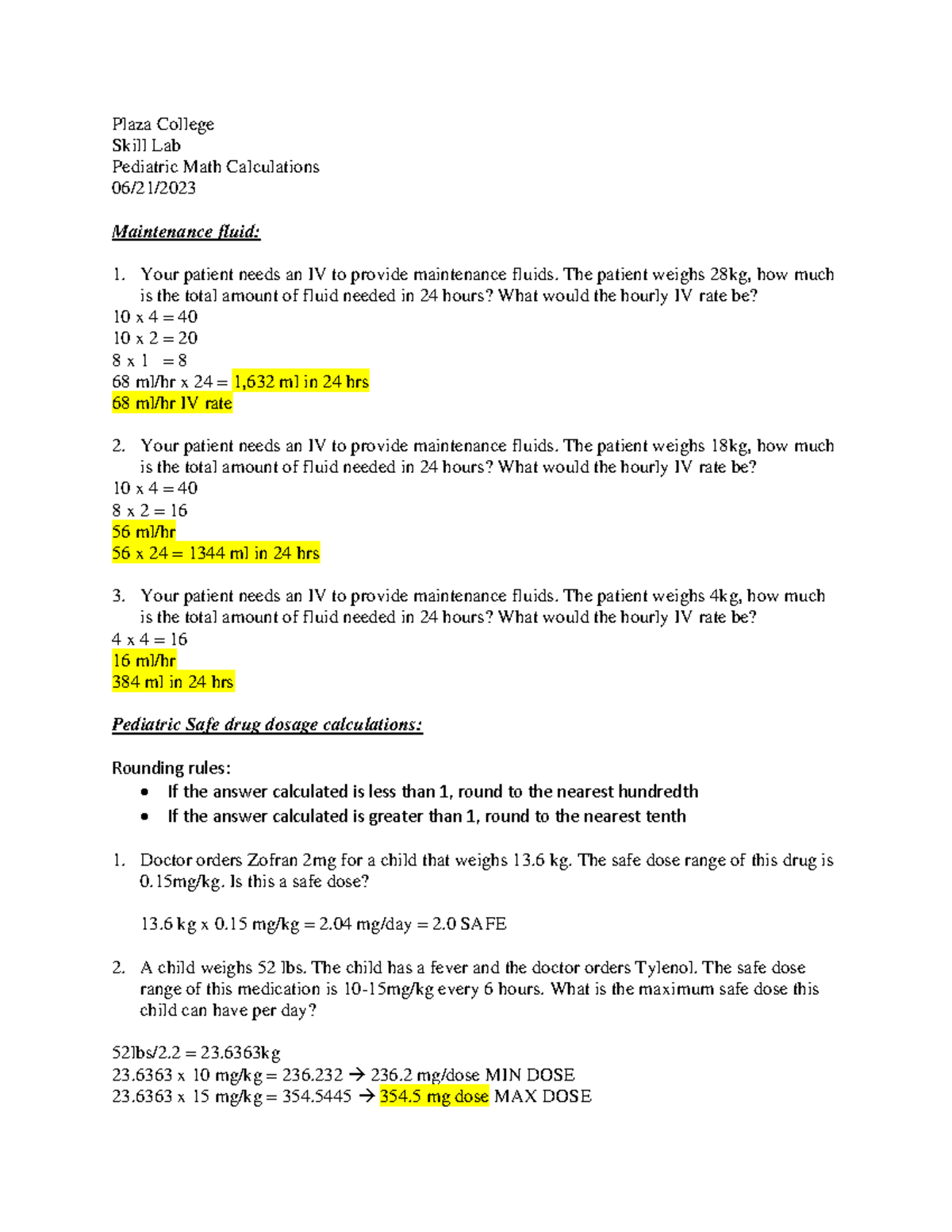 Pediatric Math Calculations - Plaza College Skill Lab Pediatric Math ...