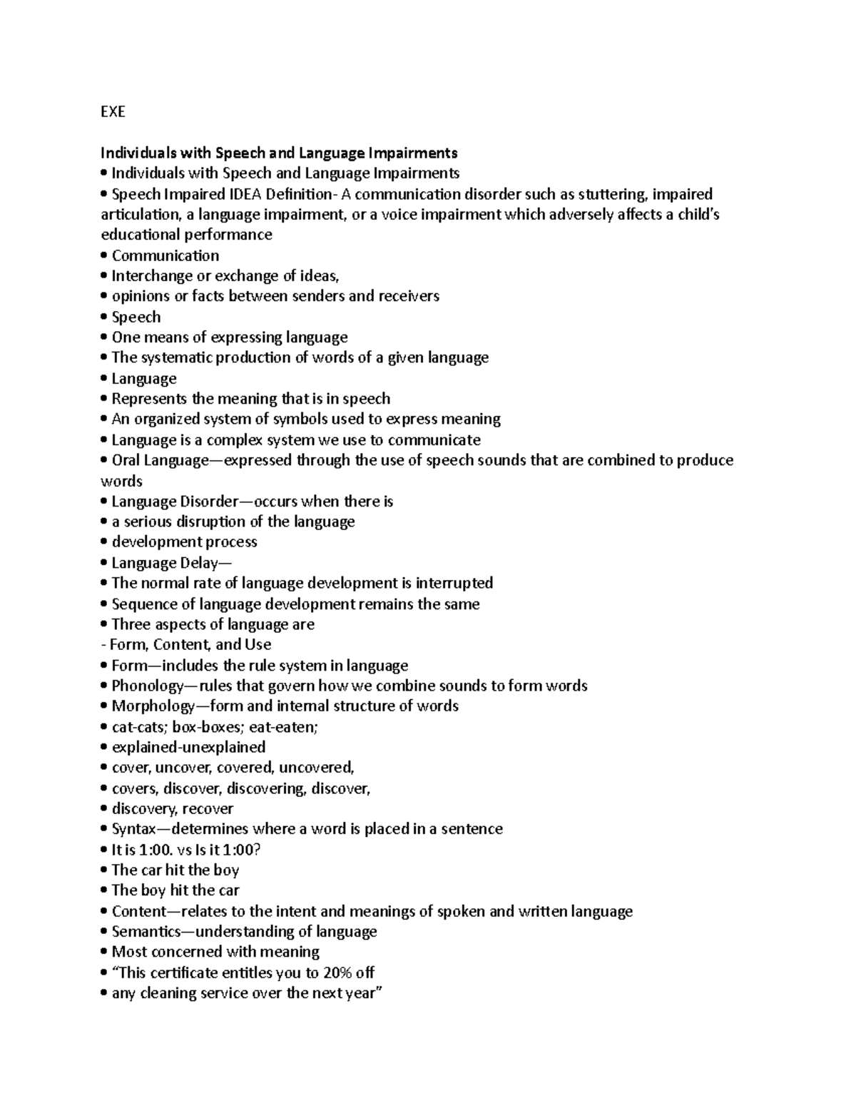EXE 100 CLASS NOTES - EXE Individuals with Speech and Language ...