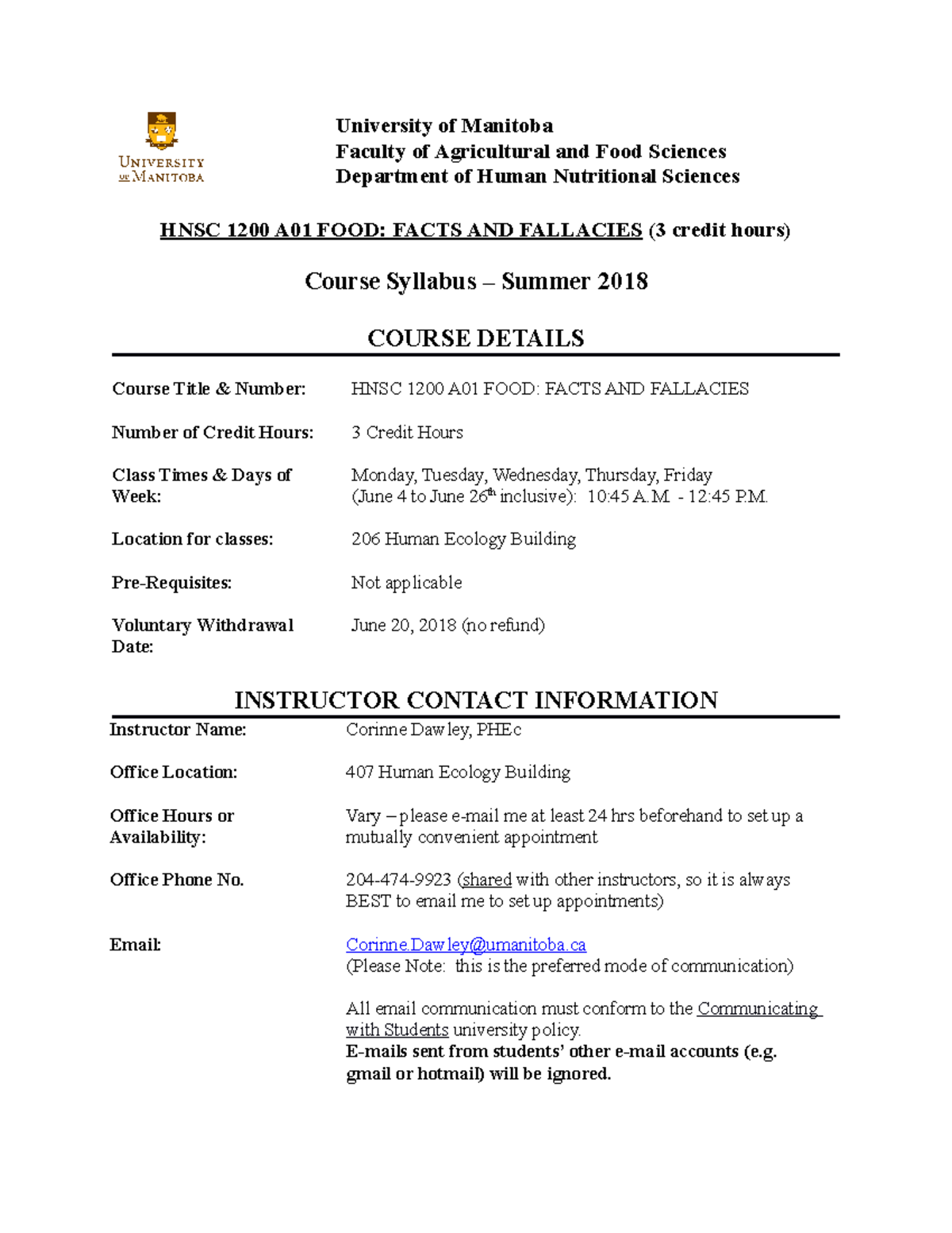 HNSC 1200 A01 course outline for summer 2018 - University of Manitoba ...