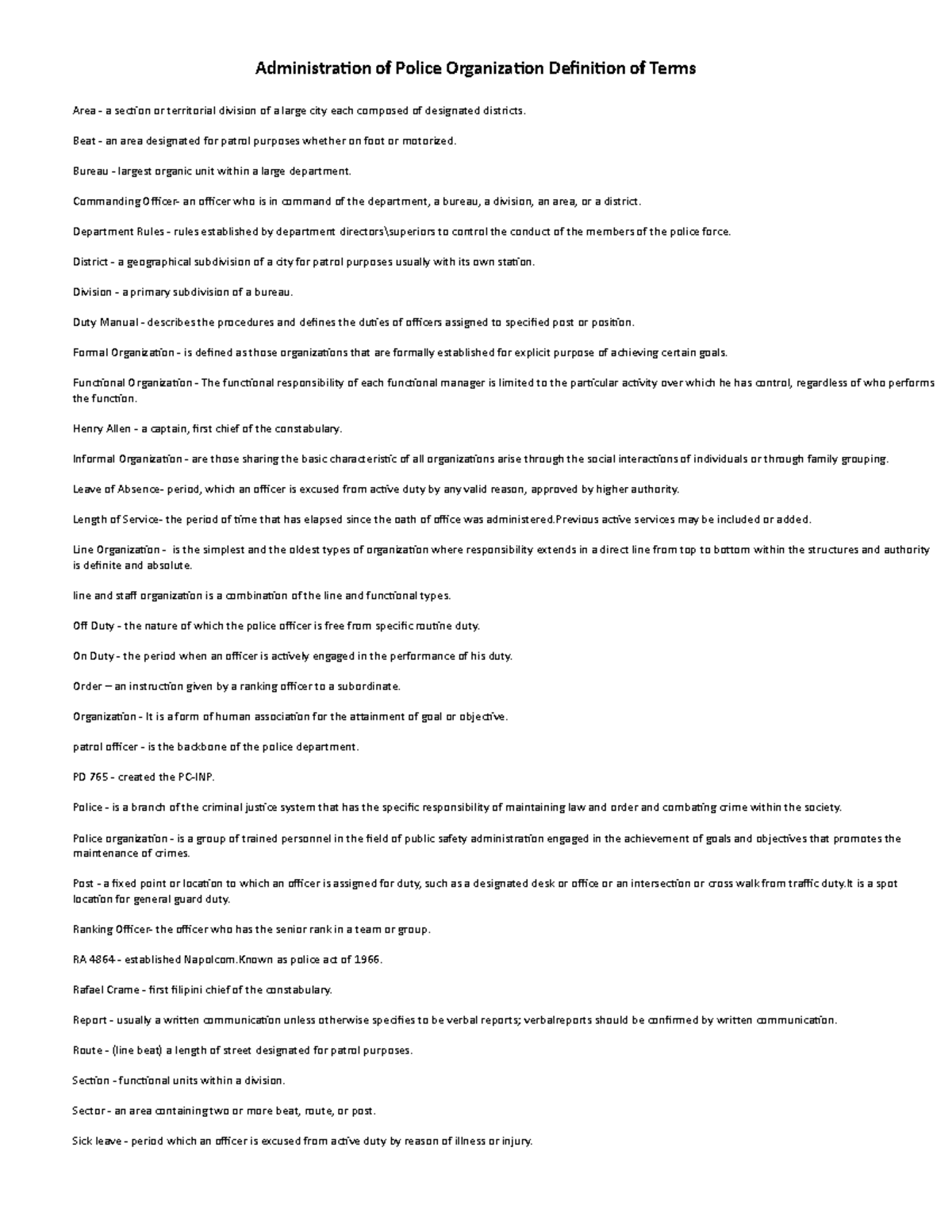 Administration of Police Organization Definition of Terms - Beat - an ...