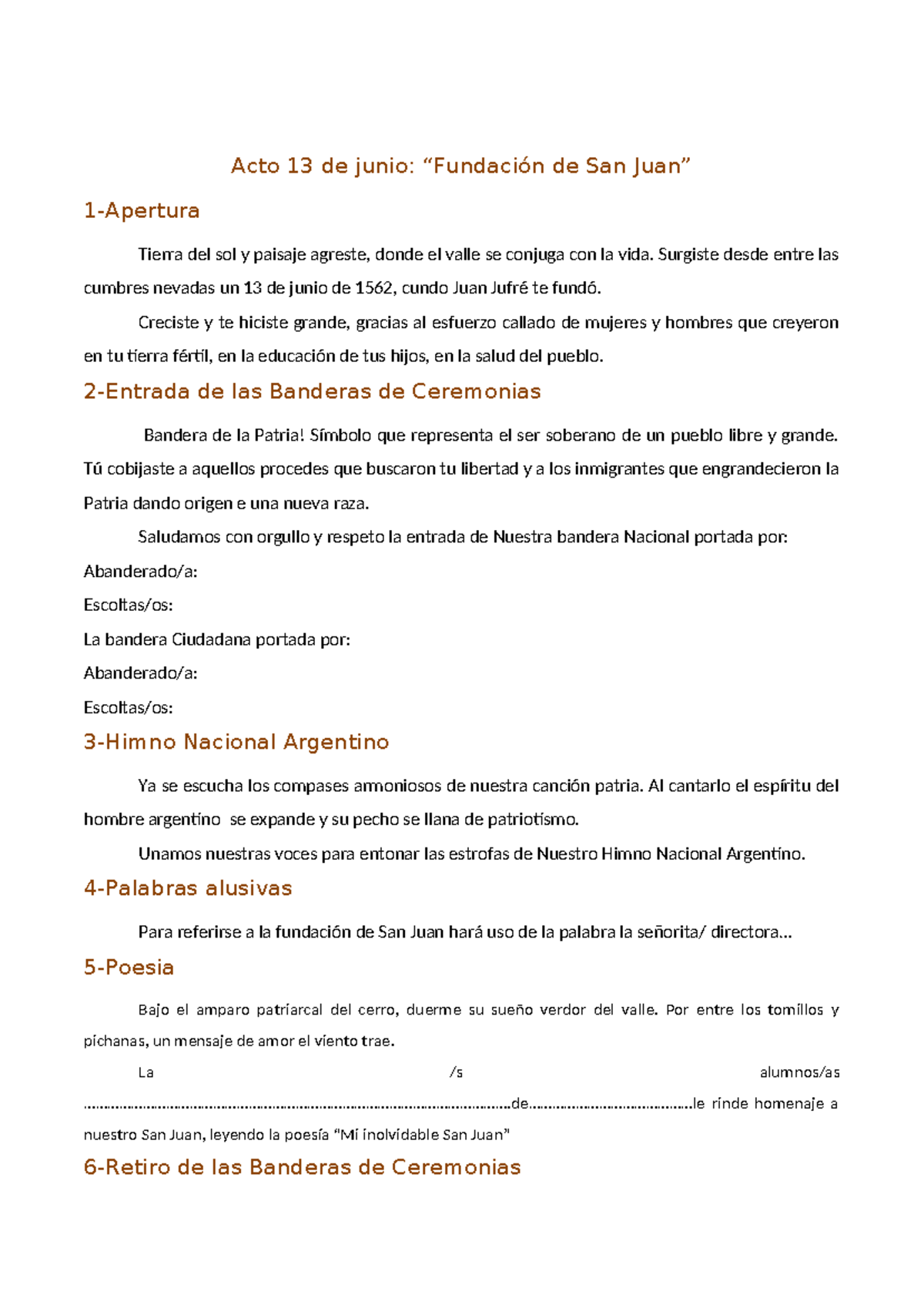 Fundacion de san juan - Acto 13 de junio: “Fundación de San Juan” 1-Apertura Tierra del sol y ...