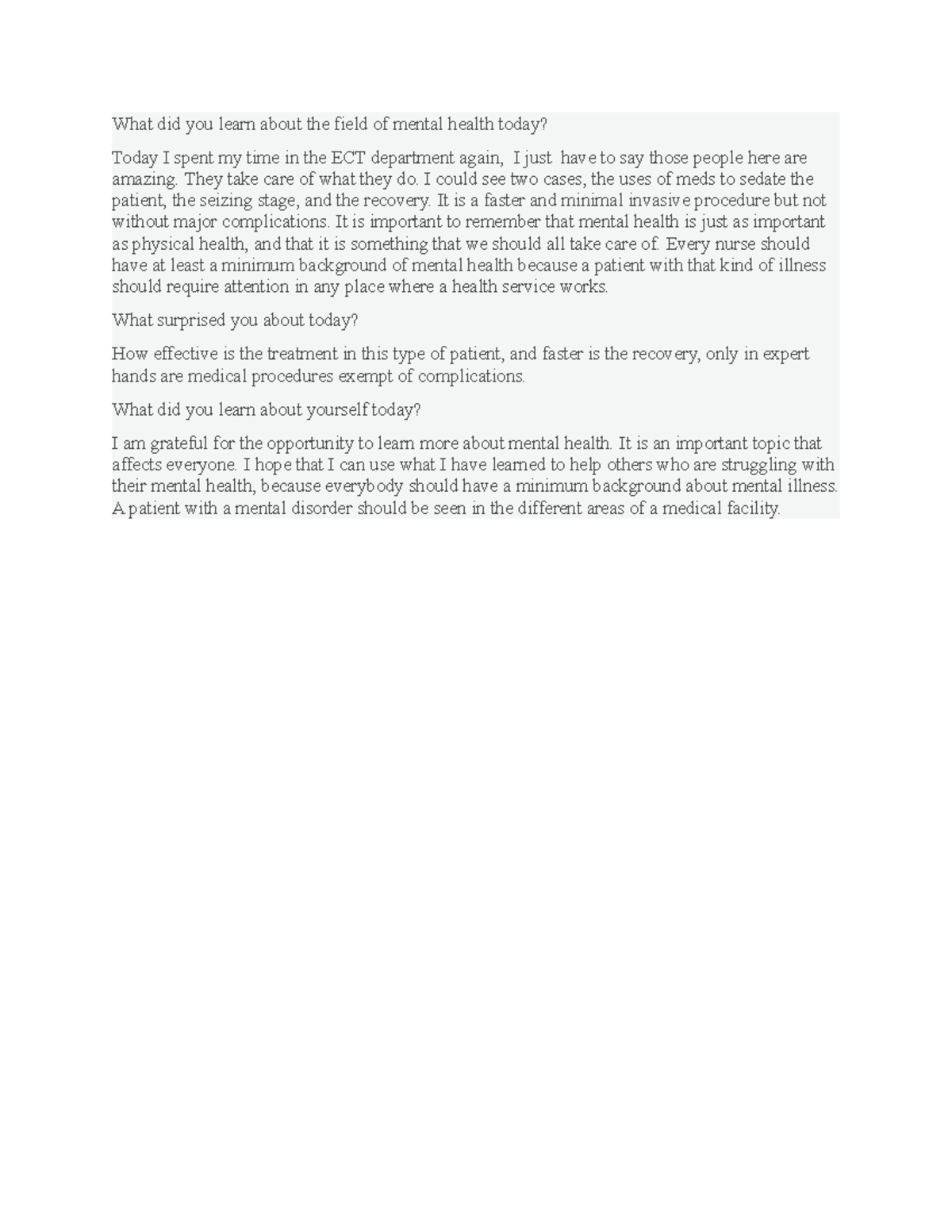 MH, clinicals guide reflections - What did you learn about the field of ...