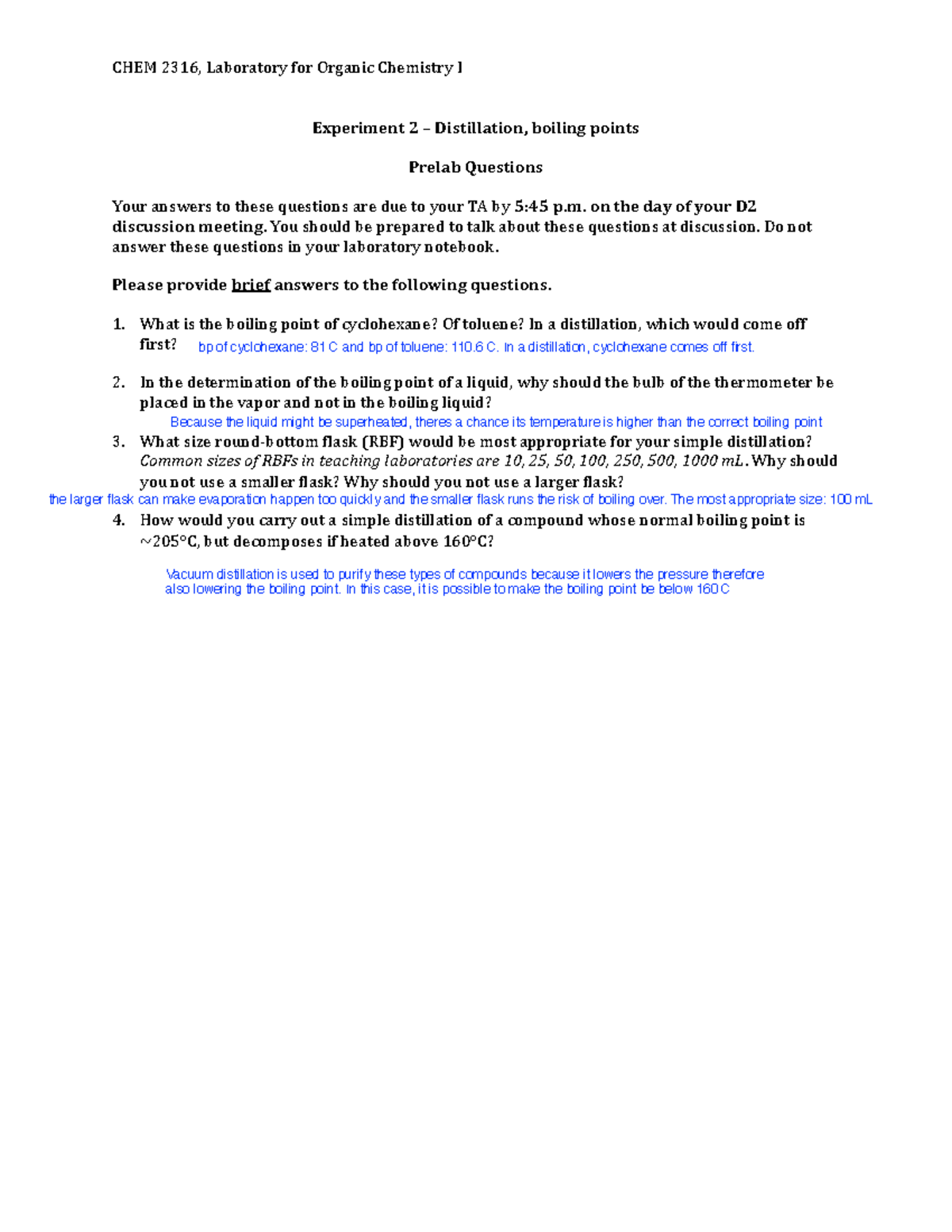 Exp 2 Pre - distillation, bp - CHEM 2316 , Laboratory for Organic ...