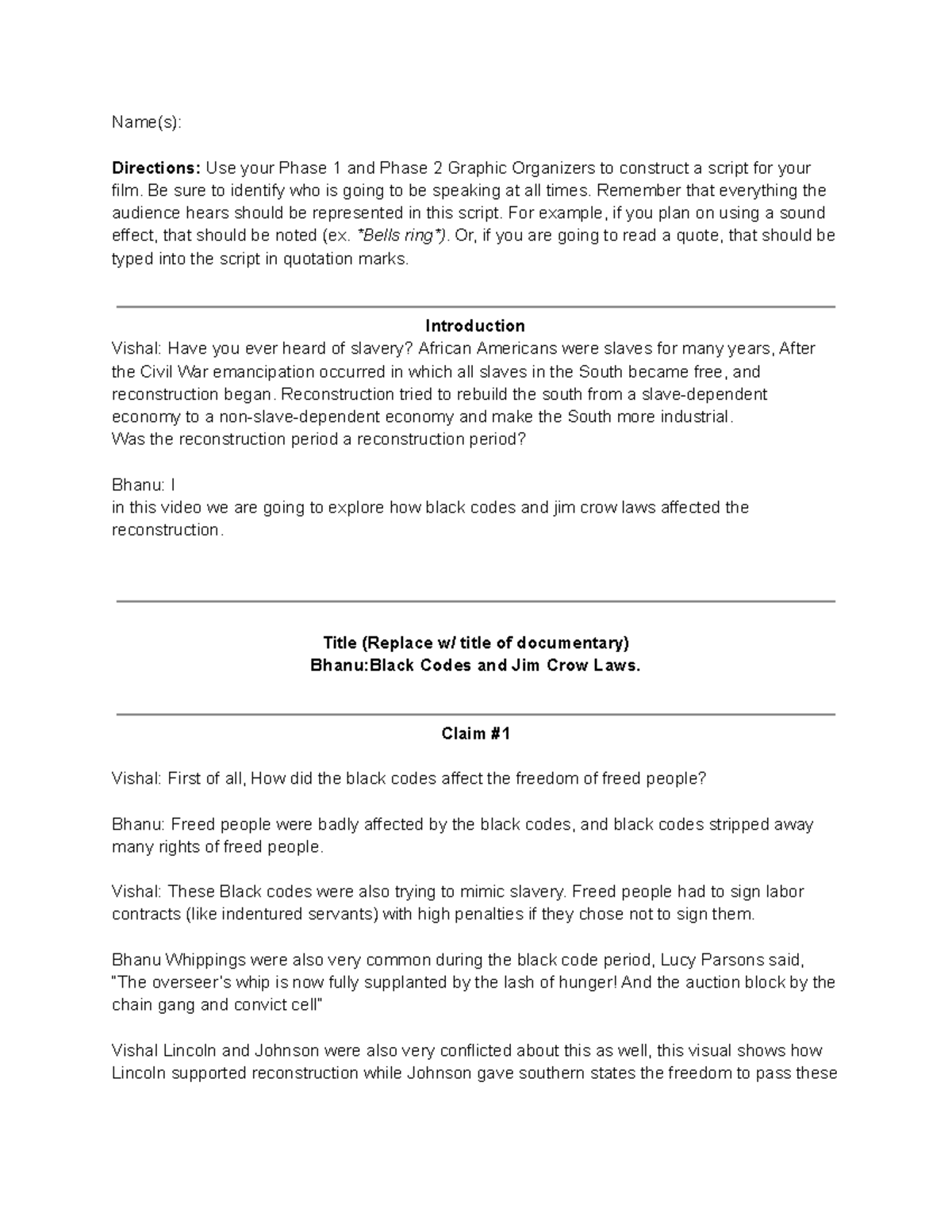 Copy of Phase 3 Script Template - Name(s): Directions: Use your Phase 1 ...