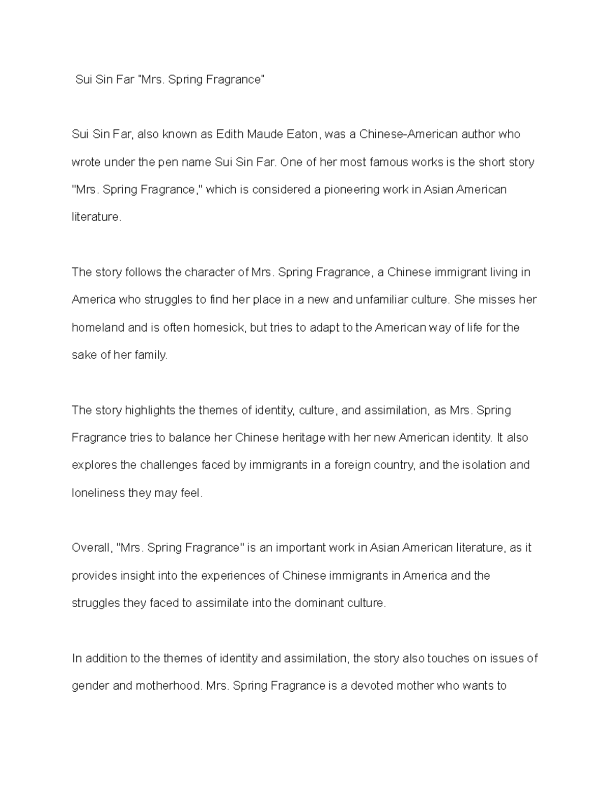 4 ENG 372 - Sui Sin Far “Mrs. Spring Fragrance” - Sui Sin Far “Mrs ...