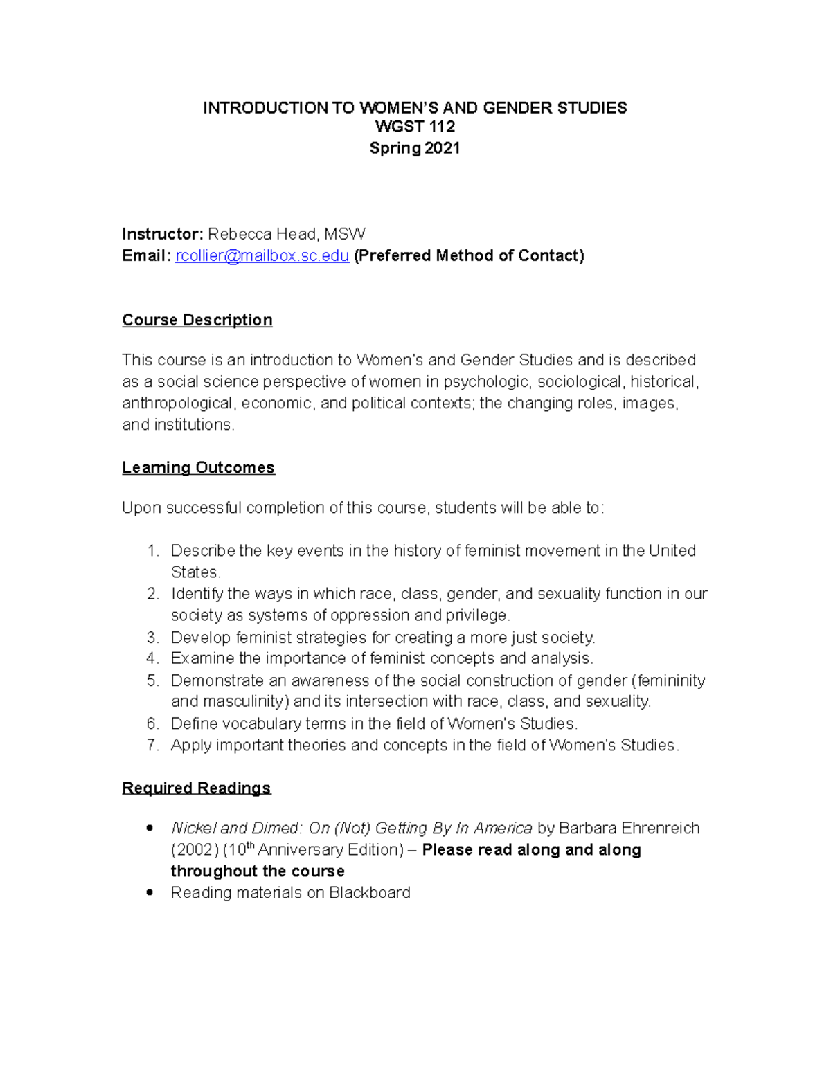 WGST 112 syllabus - Spring 2021 (semester) - INTRODUCTION TO WOMEN’S ...