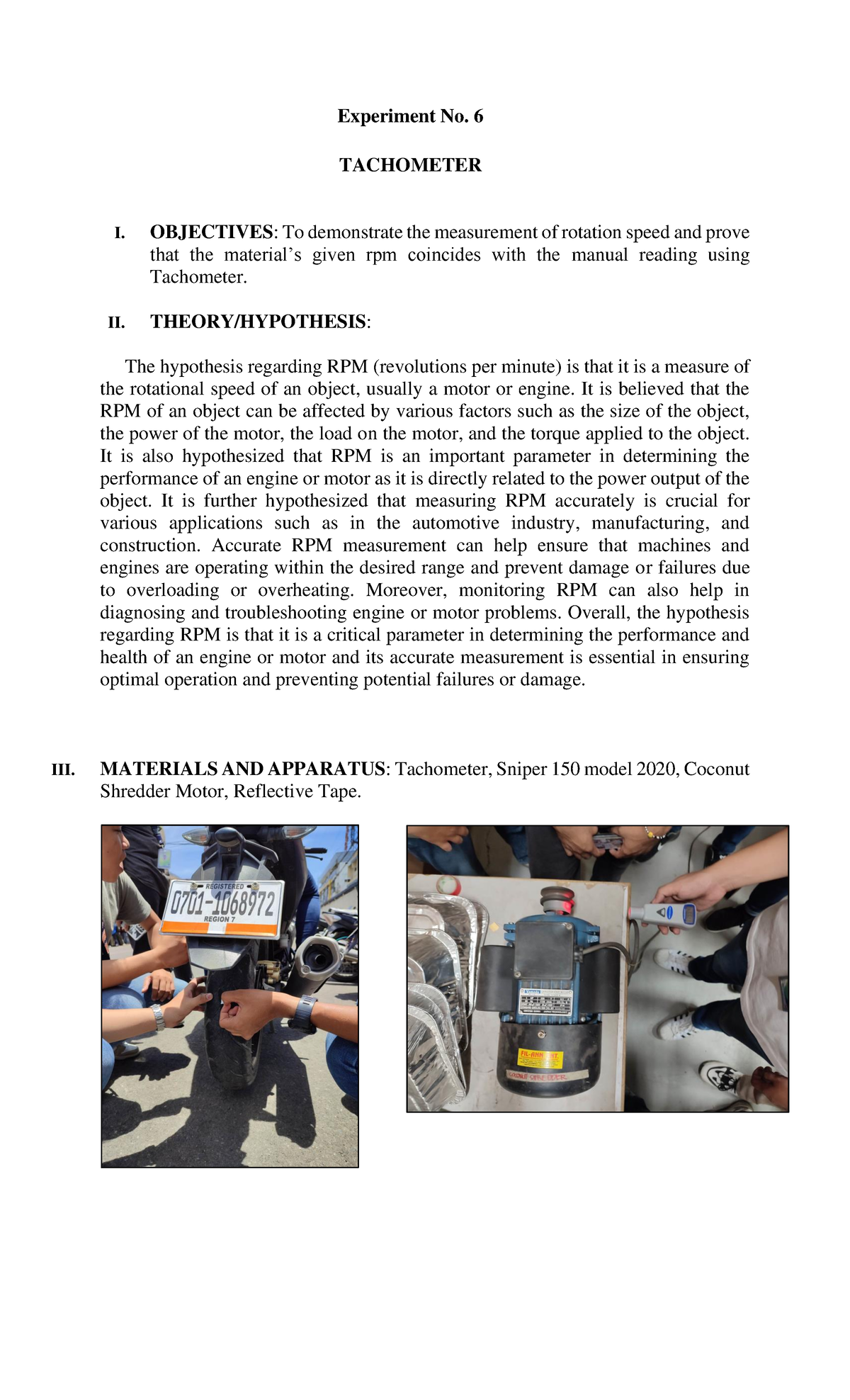 Experiment No. 6 - Experiment No. 6 TACHOMETER I. OBJECTIVES: To ...