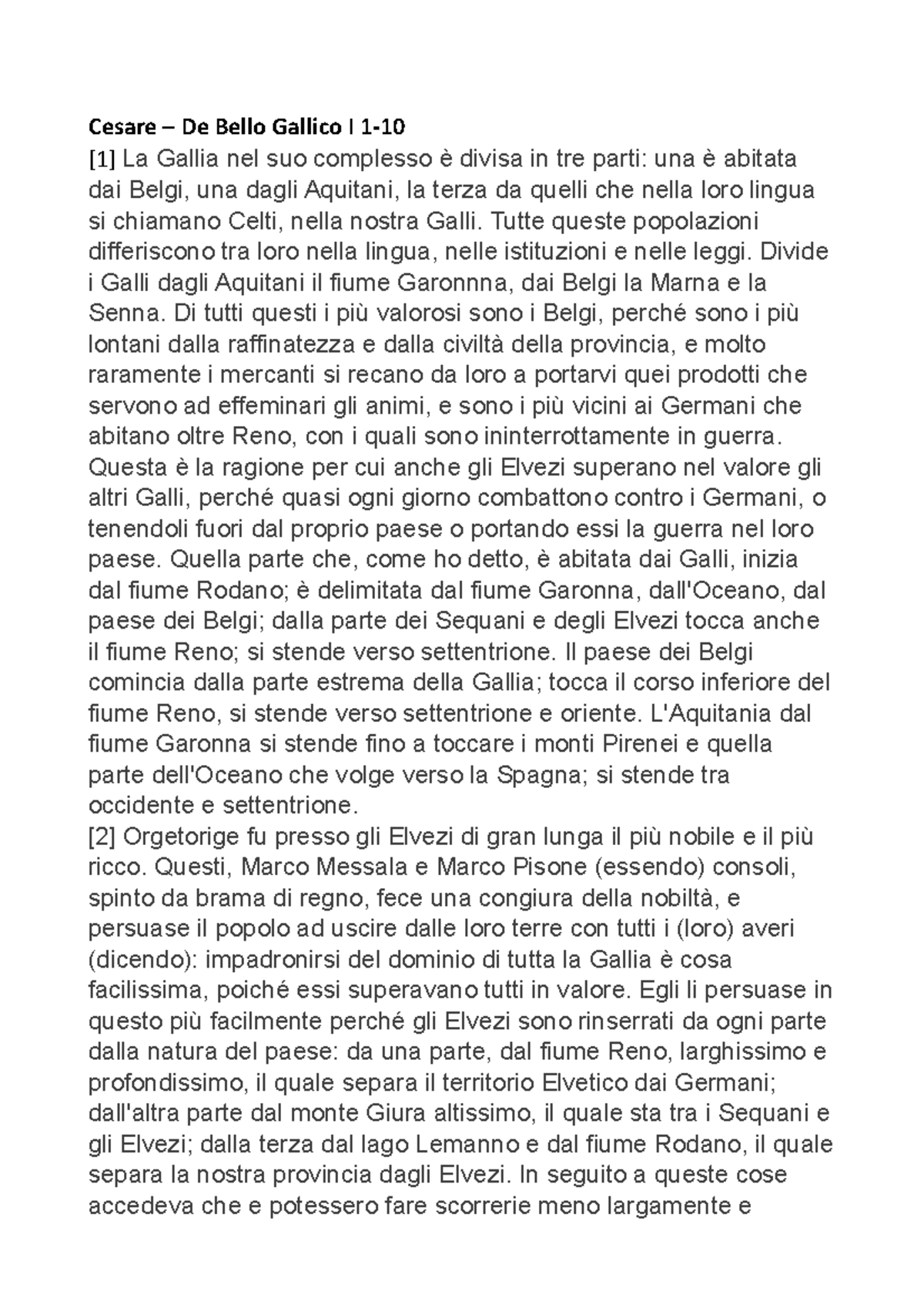 Cesare DE Bello Gallico I , 1-10 - Cesare – De Bello Gallico I 1- [1 ...