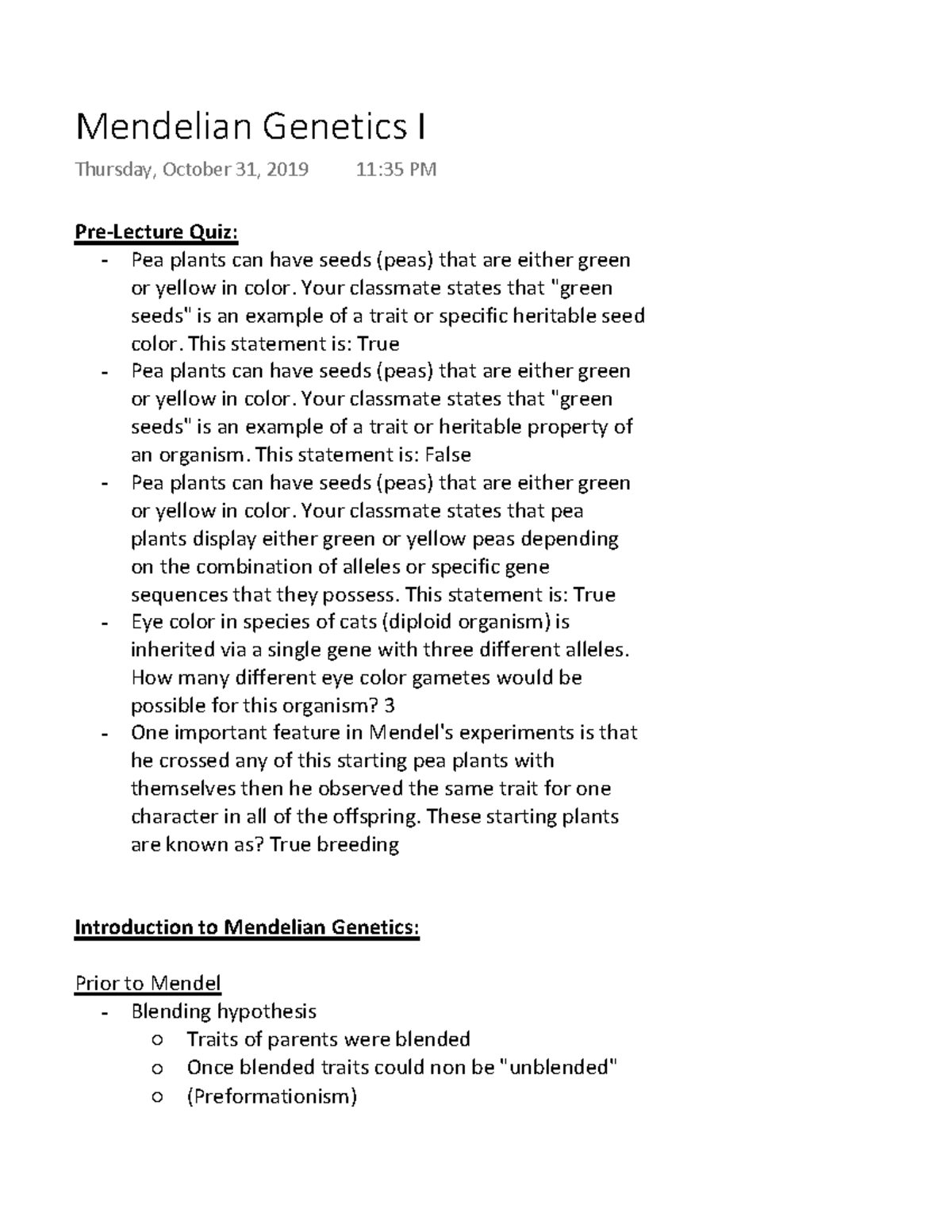 Mendelian Genetics I - Professor William B. Davis - Pre-Lecture Quiz ...