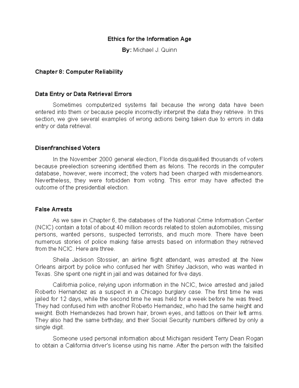 Computer Reliability Data Entry or Data Retrieval Errors Chapter 8 ...