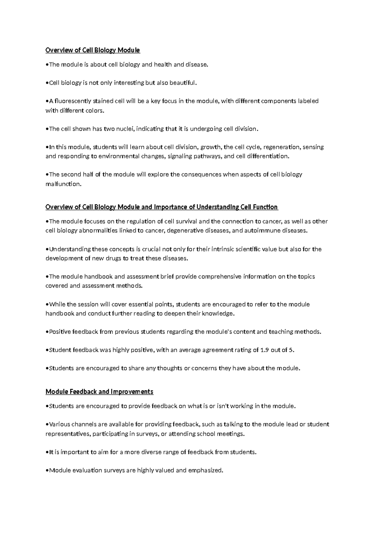 Overview of Cell Biology Module - Overview of Cell Biology Module •The ...