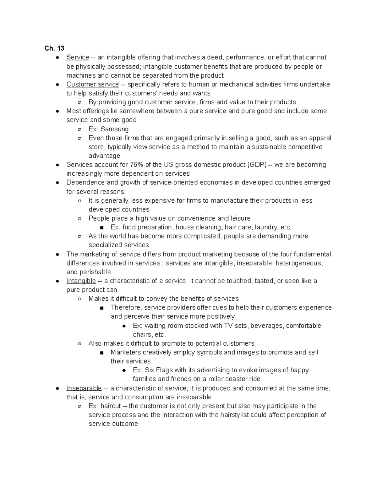 Marketing Test 4 Reading Notes - Ch. 13 Service - an intangible ...