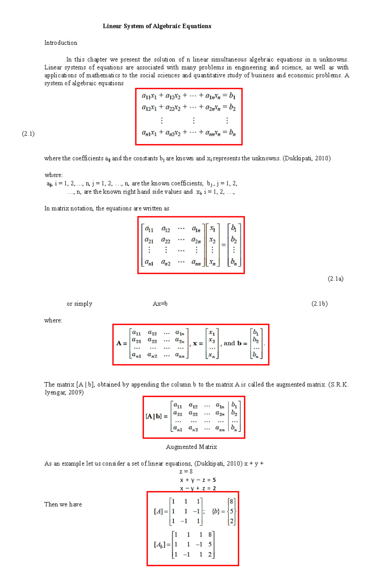 Linear System of Algebraic Equations - Linear System of Algebraic ...