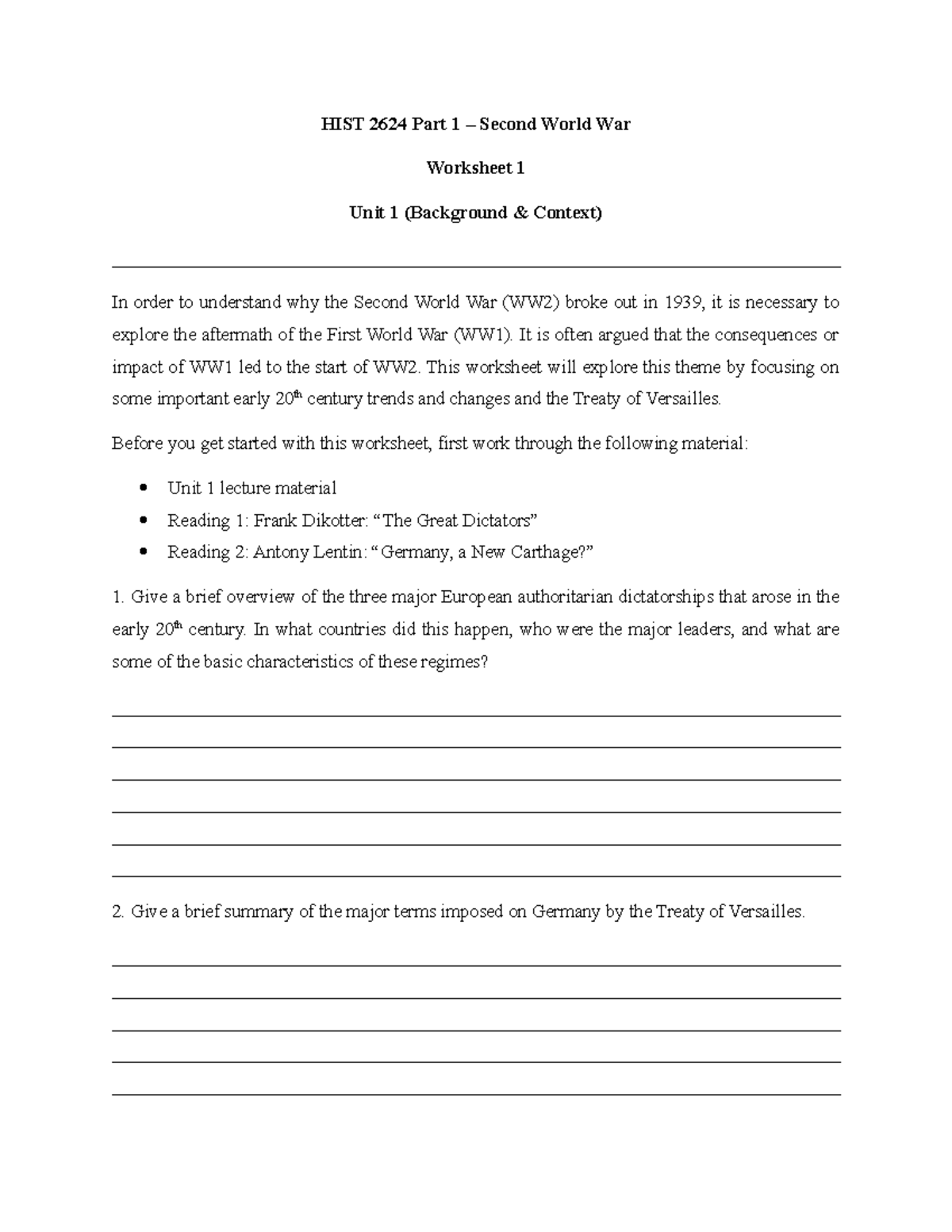 HIST 2624 Part 1 - Worksheet 1 - HIST 2624 Part 1 – Second World War ...