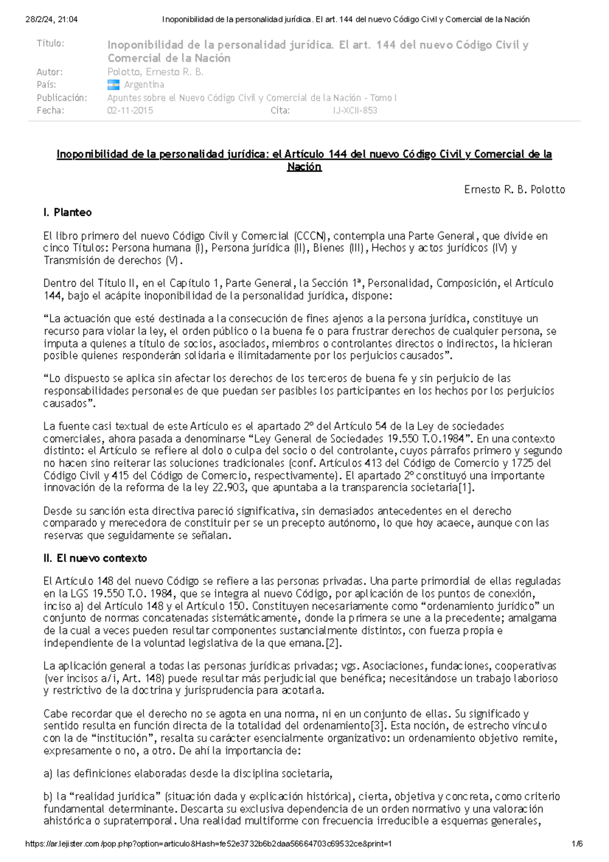 Inoponibilidad de la personalidad jurídica. El art. 144 del nuevo ...