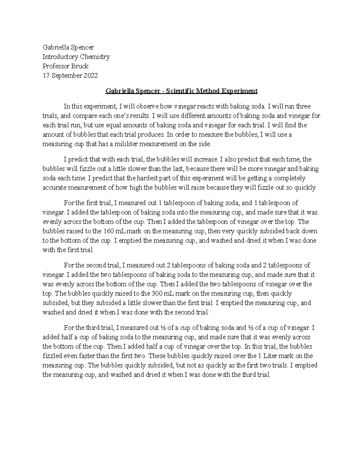 Lab Report 1 - Gabriella Spencer Introductory Chemistry Professor Bruck ...
