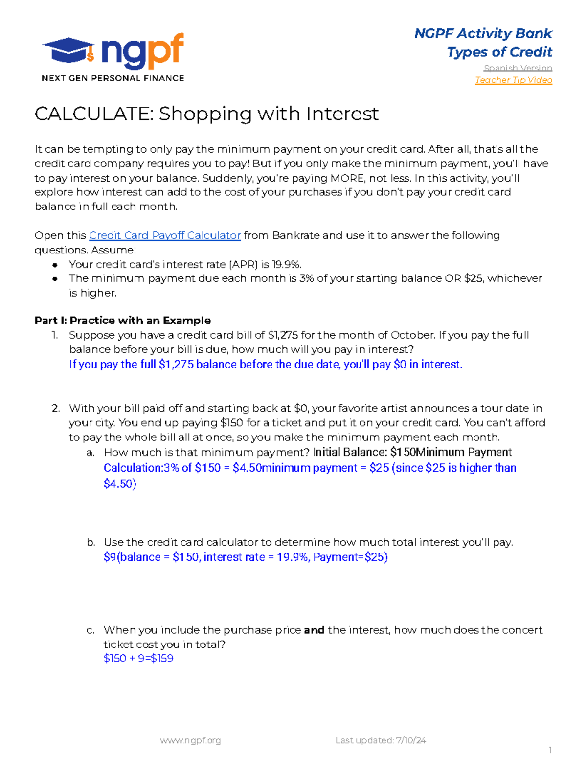 Calculate Shopping with Interest - NGPF Activity Bank Types of Credit ...