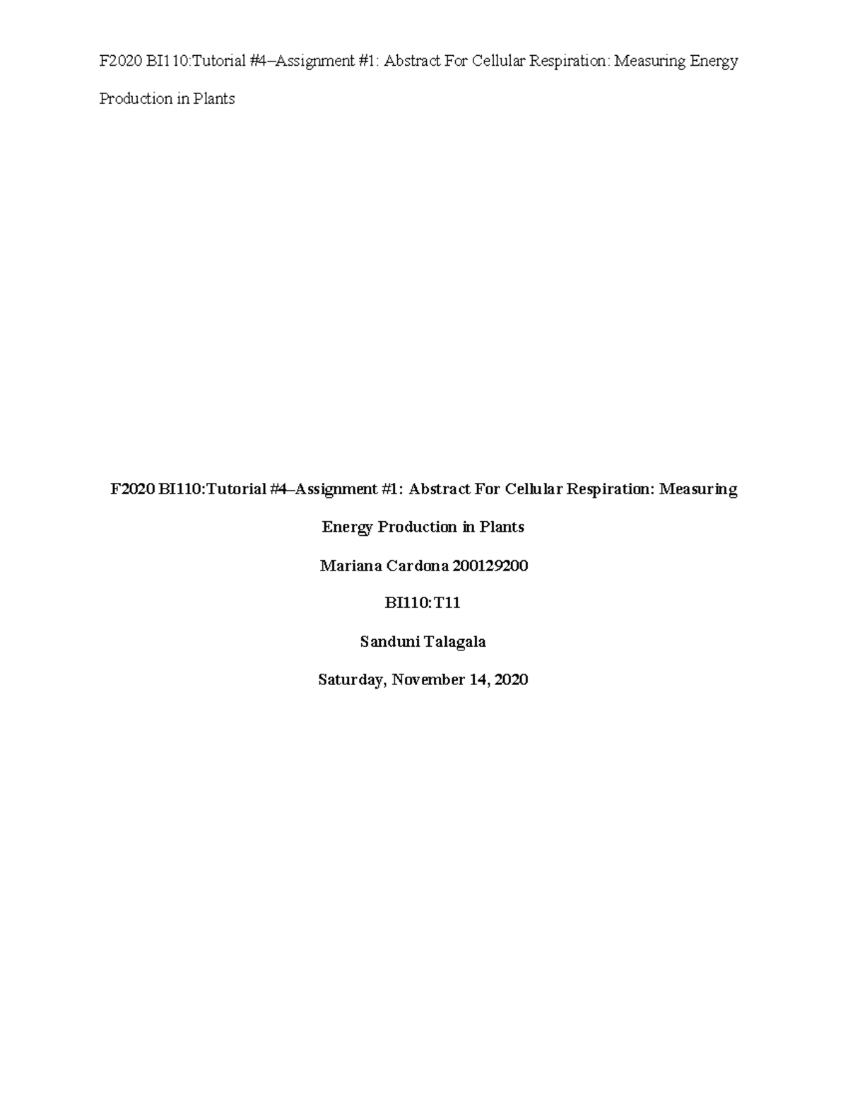 Abtract 1 - abstract 1 - F2020 BI110:Tutorial #4–Assignment #1: Abstract For Cellular ...