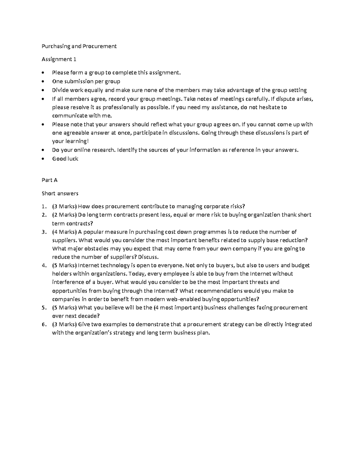 Purchasing and Procurement A1 - Purchasing and Procurement Assignment 1 Please form a group to ...