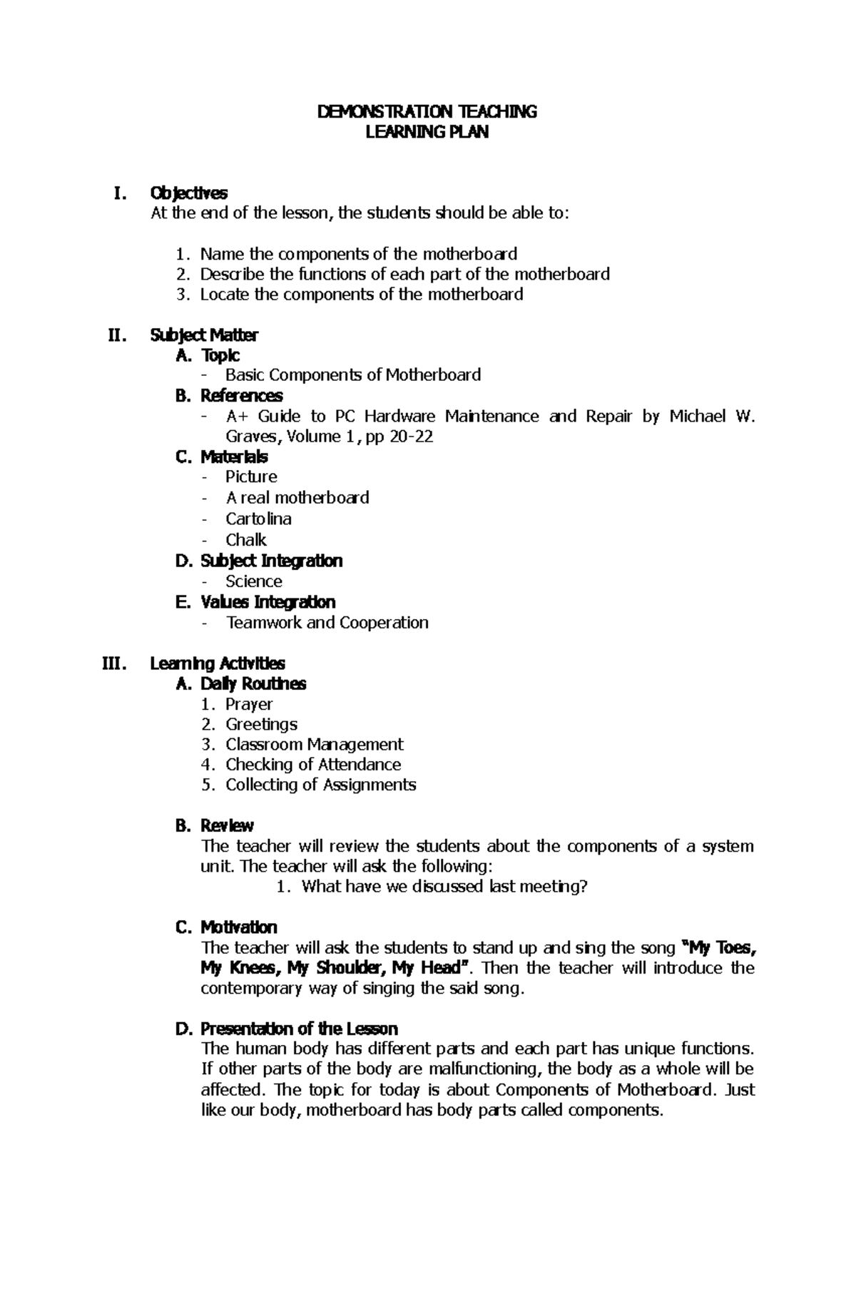 Leademo - Lecture notes 1 - DEMONSTRATION TEACHING LEARNING PLAN I ...