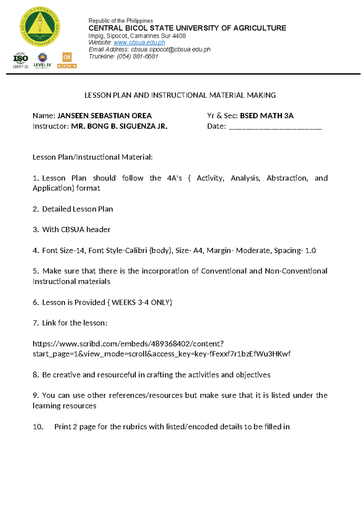 TTL 2nd Assessment MATH - LESSON PLAN AND INSTRUCTIONAL MATERIAL MAKING ...