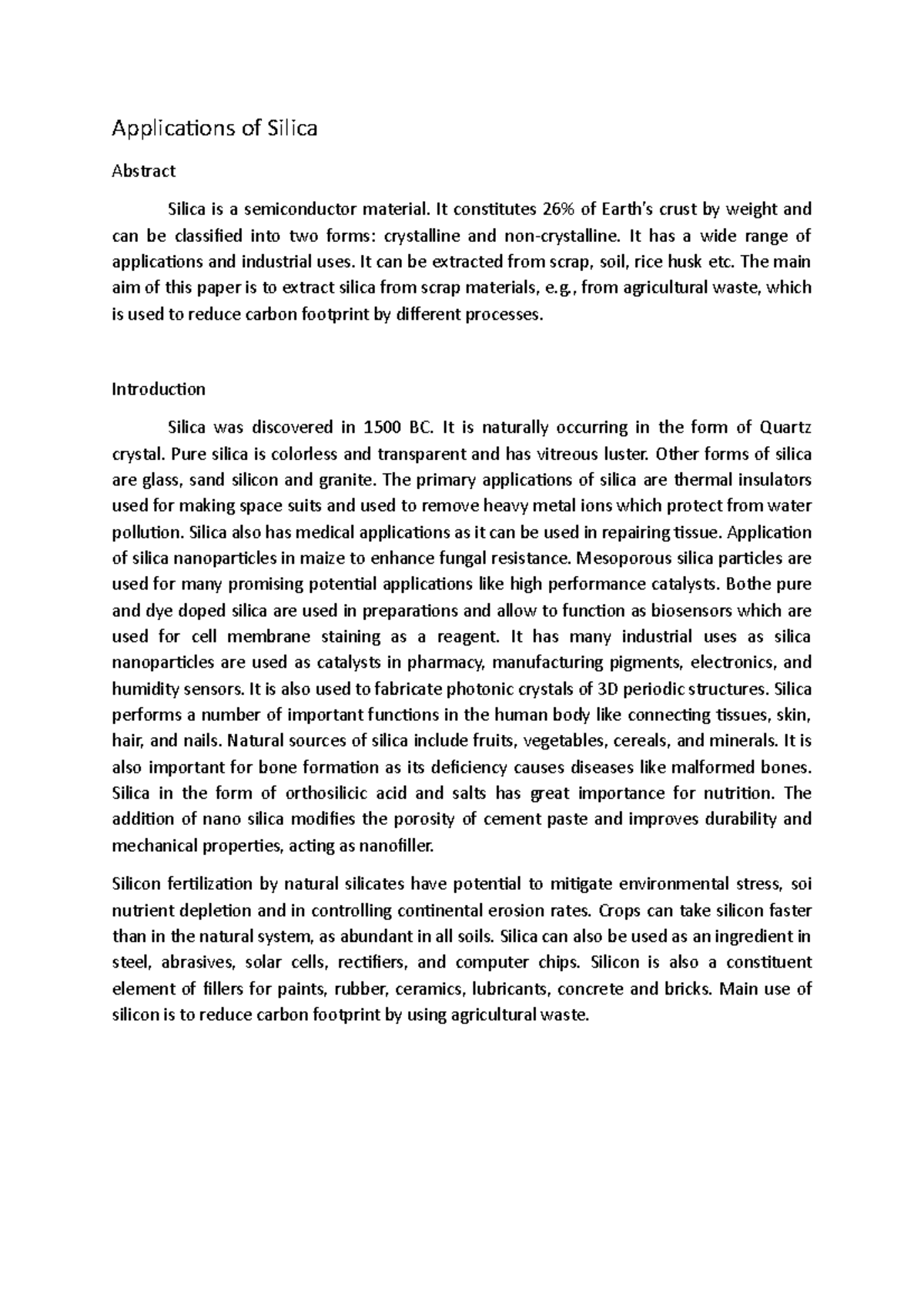Silica - Assignment - Applications of Silica Abstract Silica is a ...