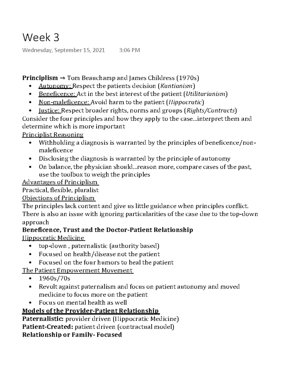 Week 3 Notes - **Principlism ³ ** Tom Beauchamp and James Childress ...