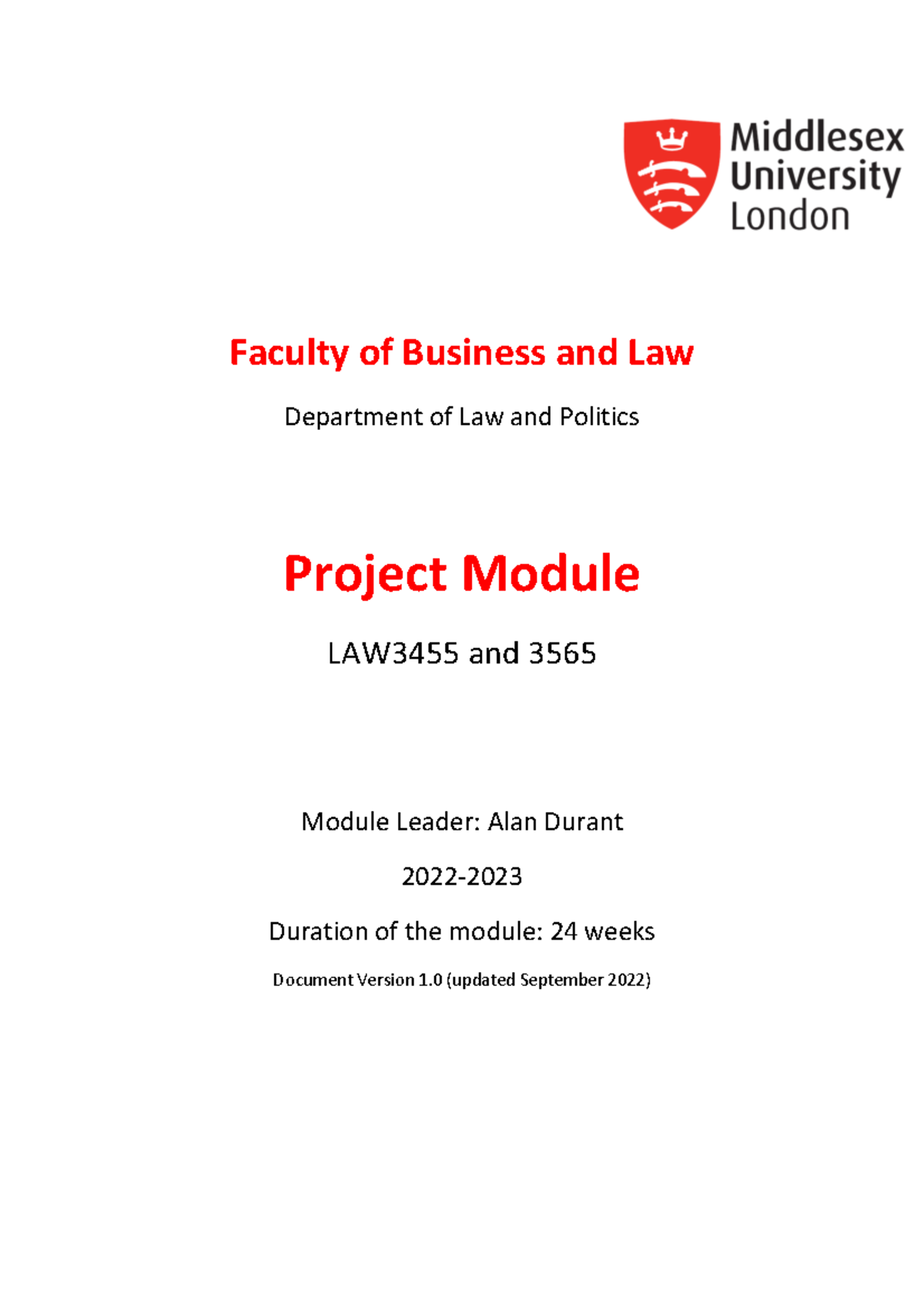 LAW3455 and 3565 Project Module (Handbook 2022-2023) - Faculty of Business and Law Department of ...