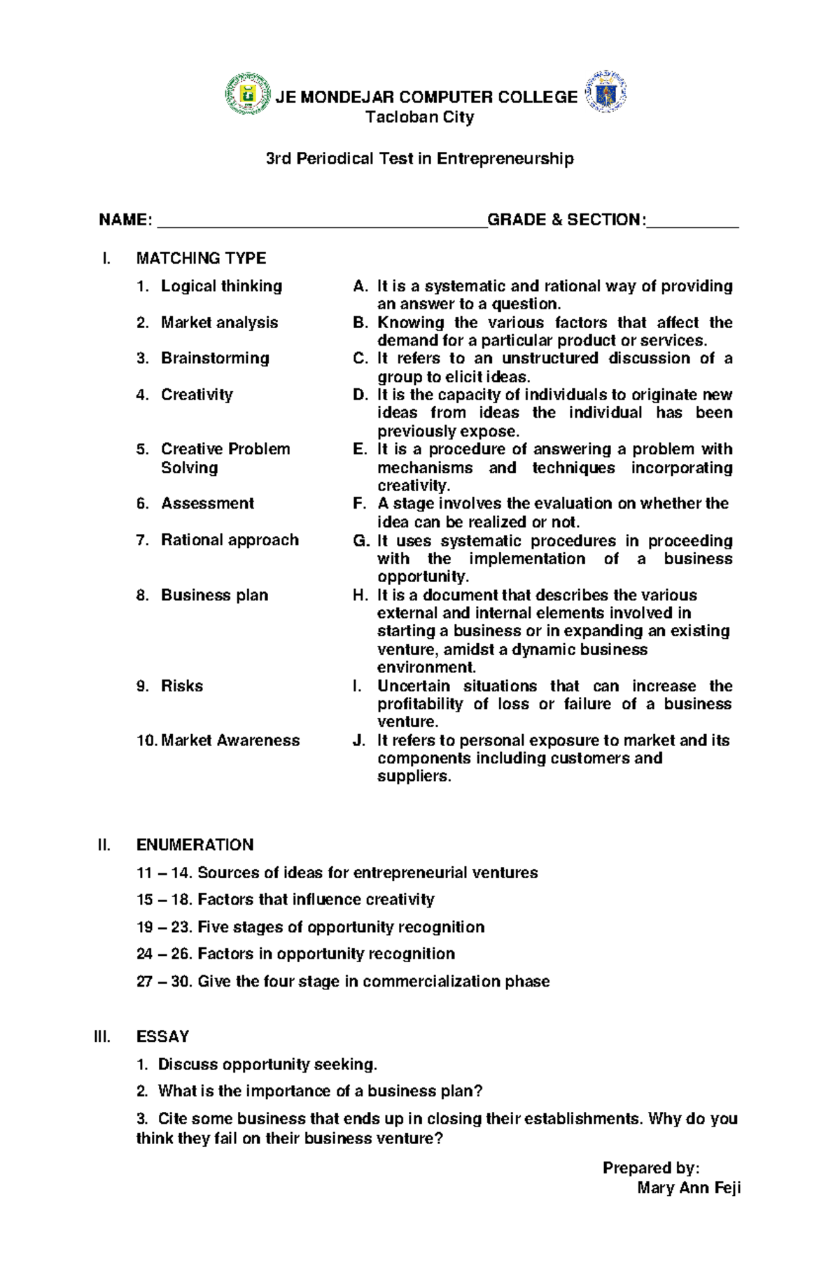 3RD- Grading-EXAM-IN- Entrep kervin gwapo 12345 - JE MONDEJAR COMPUTER ...