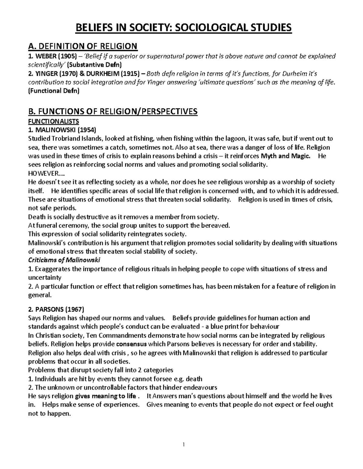 Beliefs Key Studies detalied - BELIEFS IN SOCIETY: SOCIOLOGICAL STUDIES ...