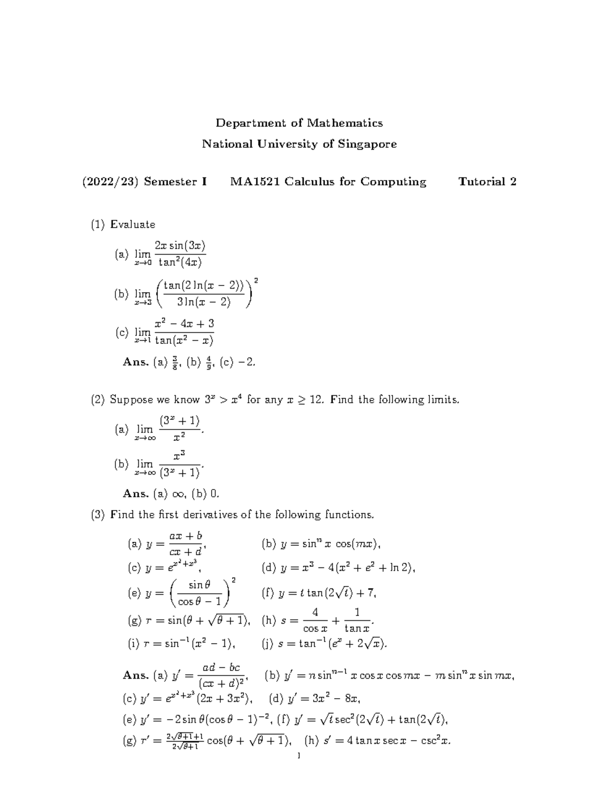 Tut2 - 22/23 Tutorial 2 - Department of Mathematics National University of Singapore (2022/23 ...