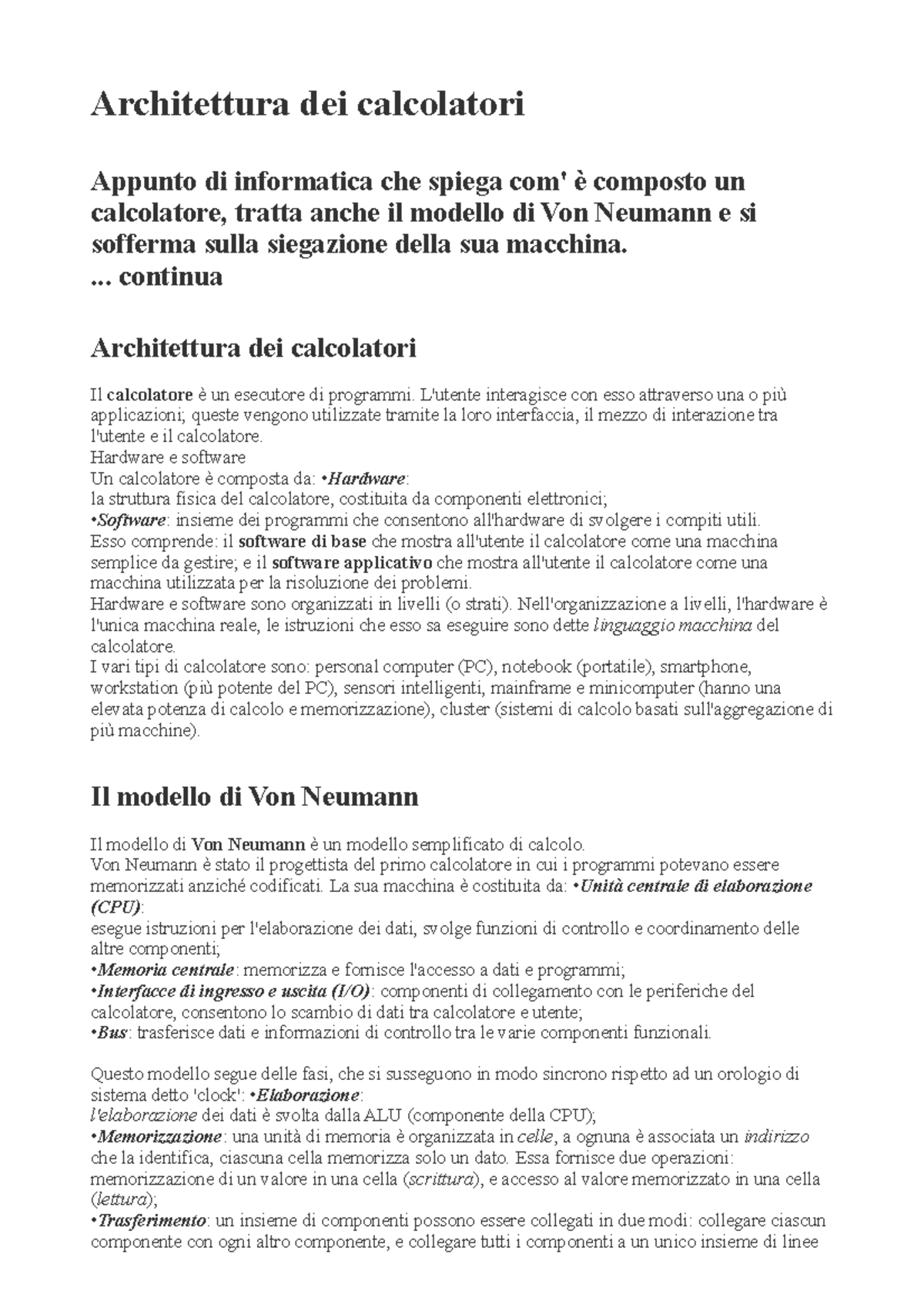 Architettura dei calcolatori - Appunto di informatica che spiega com' è ...