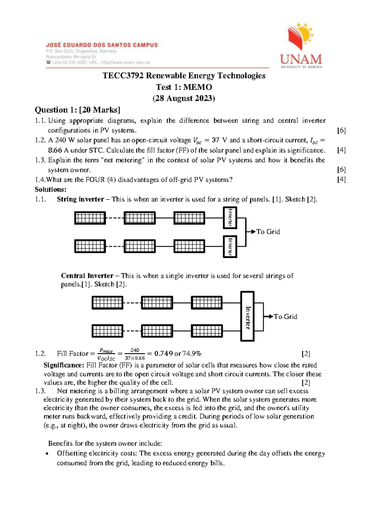 2023 Test 1 MEMO - test paper solution - TECC3792 Renewable Energy ...