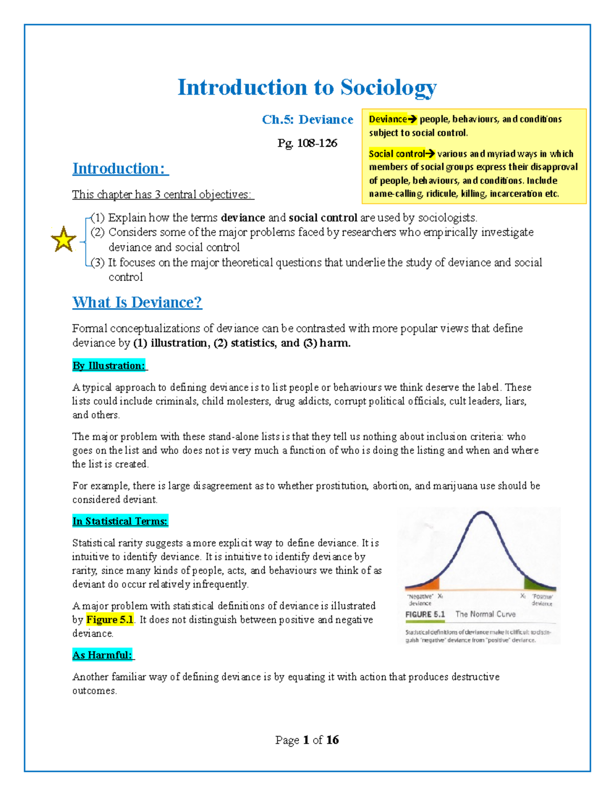 Sociology Ch 5 Note - note - Introduction to Sociology Ch: Deviance Pg ...