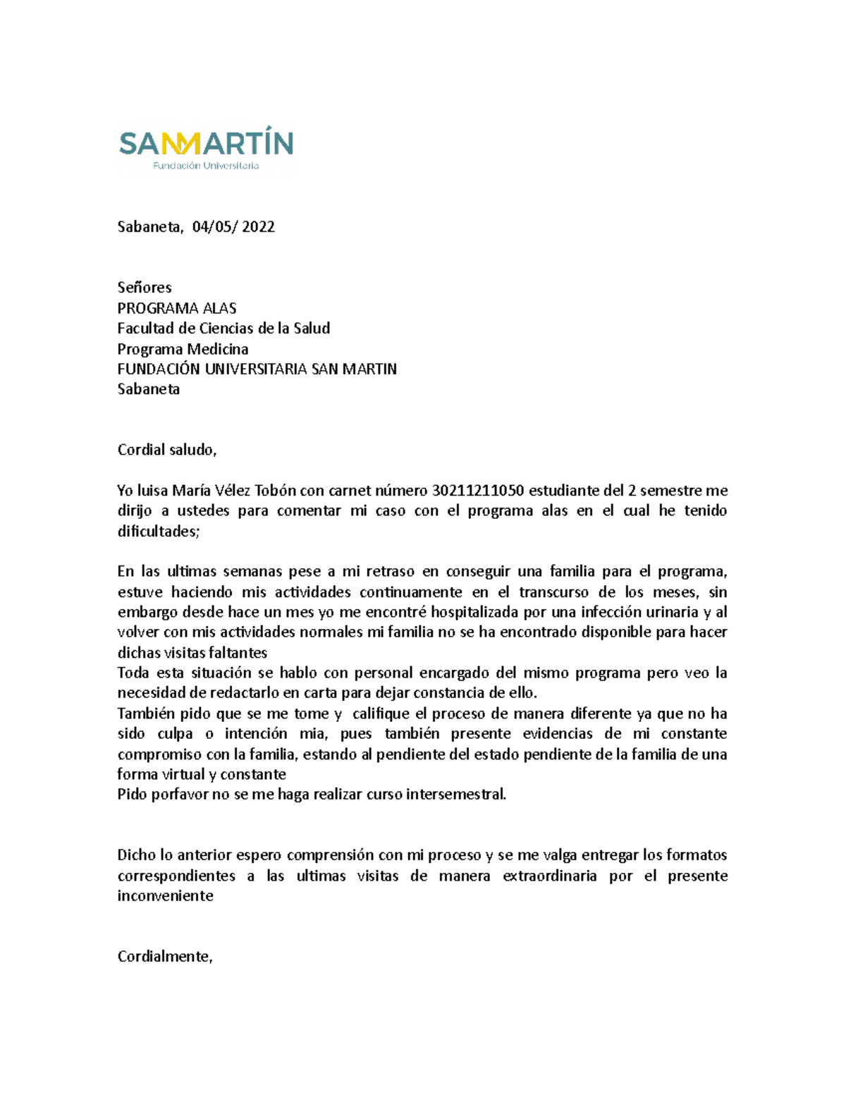 Carta DE Informe 2 - Buhbjknkkn - Sabaneta, 04/05/ 2022 Señores ...