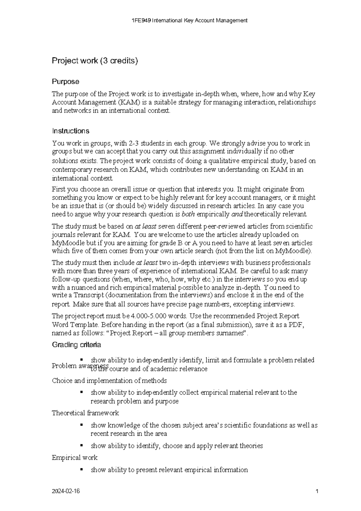 1FE949 Project Work – [ Instructions] - 1FE949 International Key ...