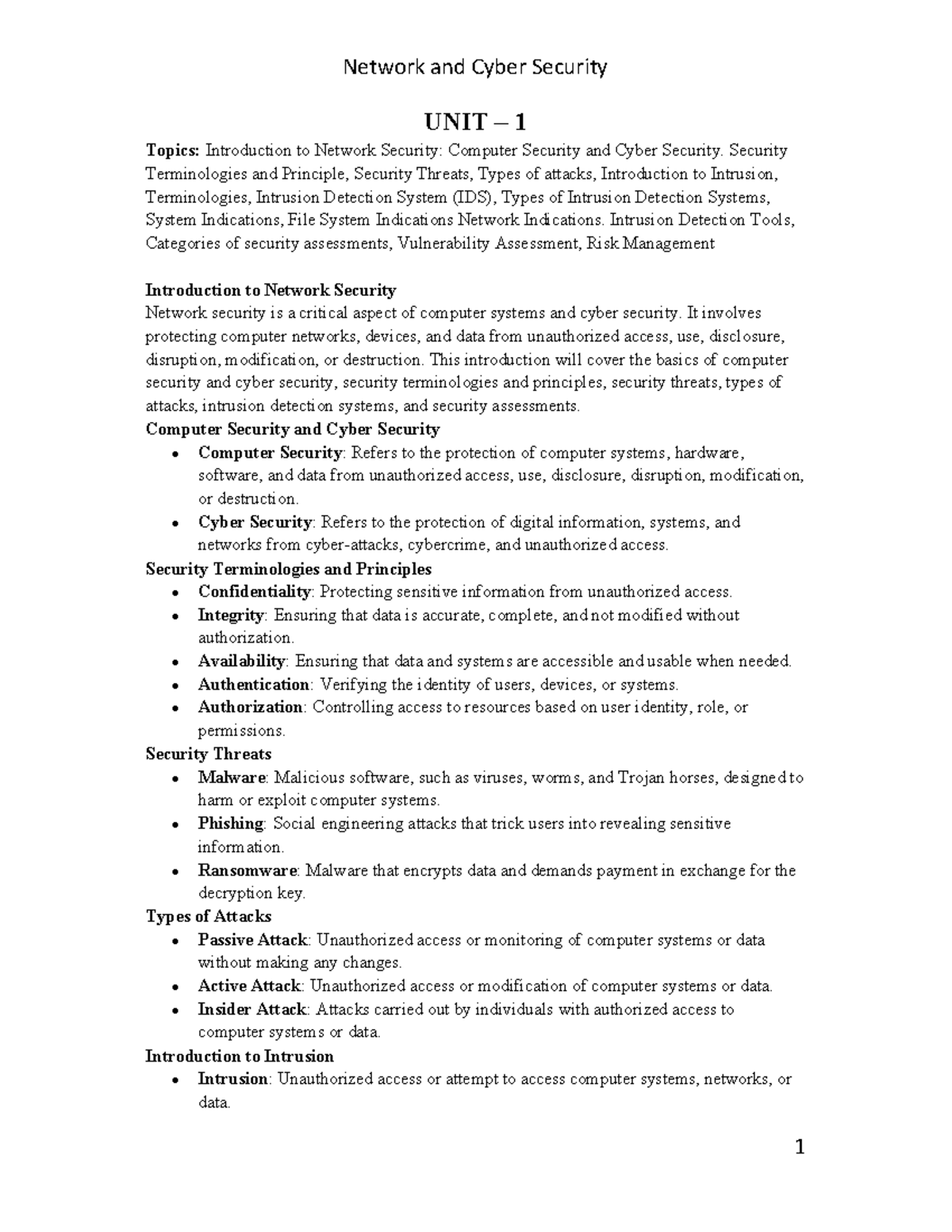 Network and Cyber Security Summaries Here To Study - UNIT – 1 Topics ...