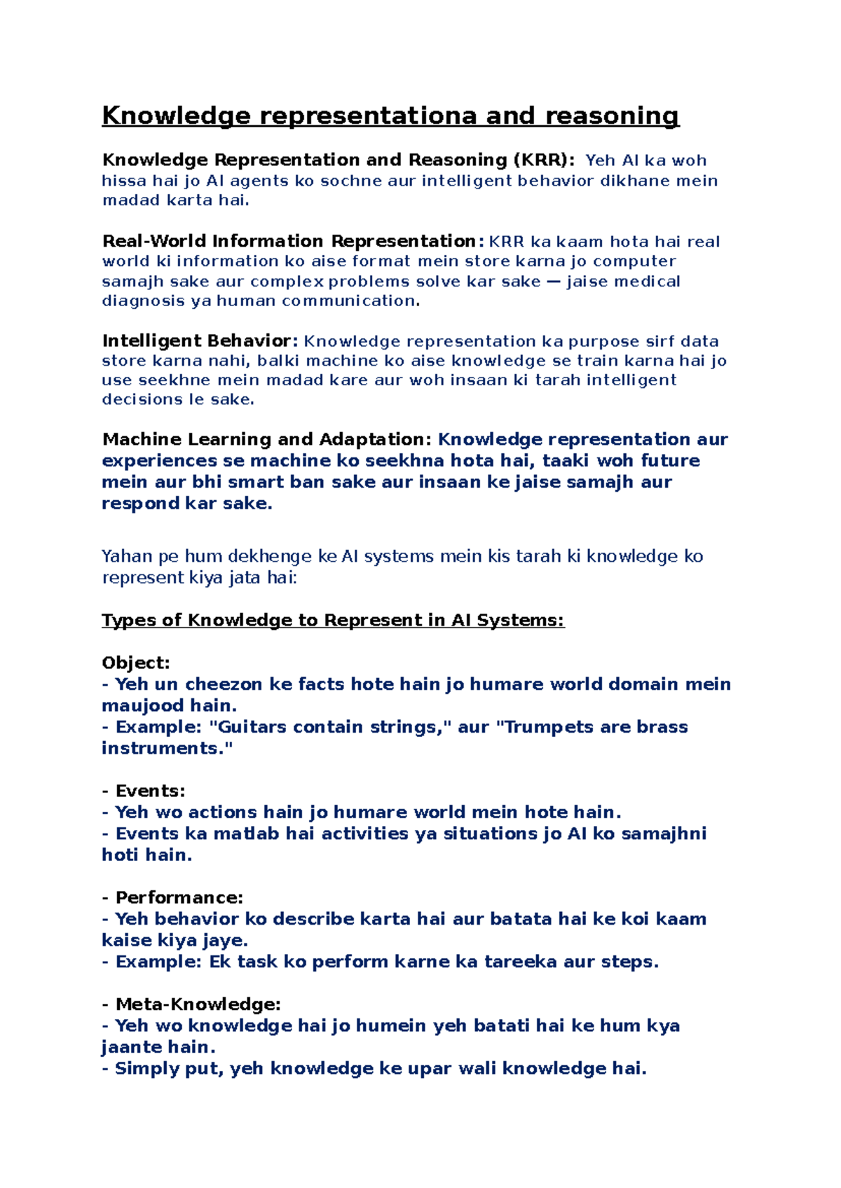 AI notes - nothing - Knowledge representationa and reasoning Knowledge ...