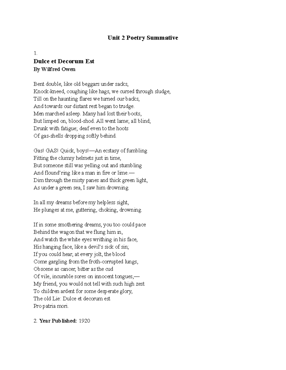 Poetry Unit Assignment Part A - Unit 2 Poetry Summative 1. Dulce et ...