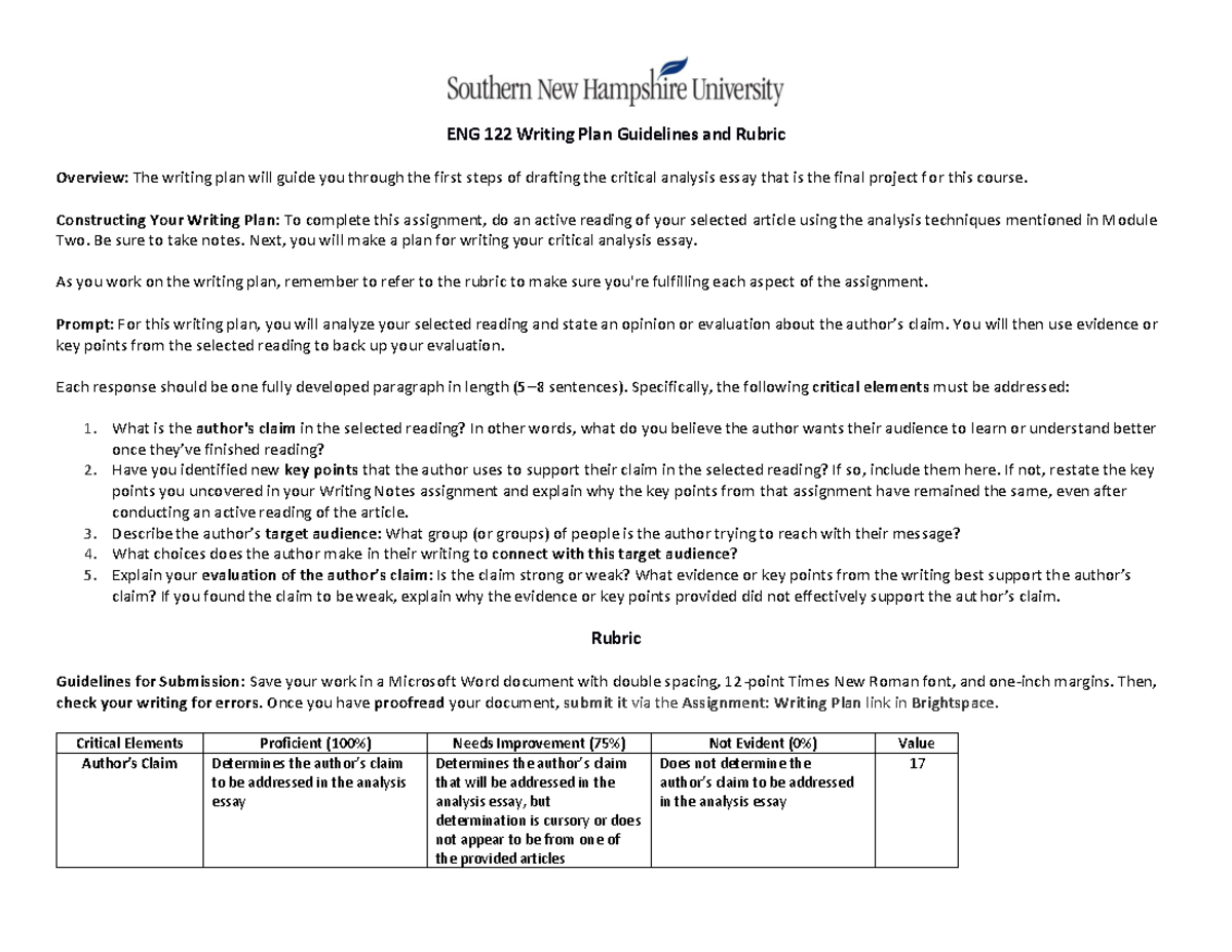 ENG 122 Writing Plan Guidelines and Rubric - ENG122 - SNHU - Studocu