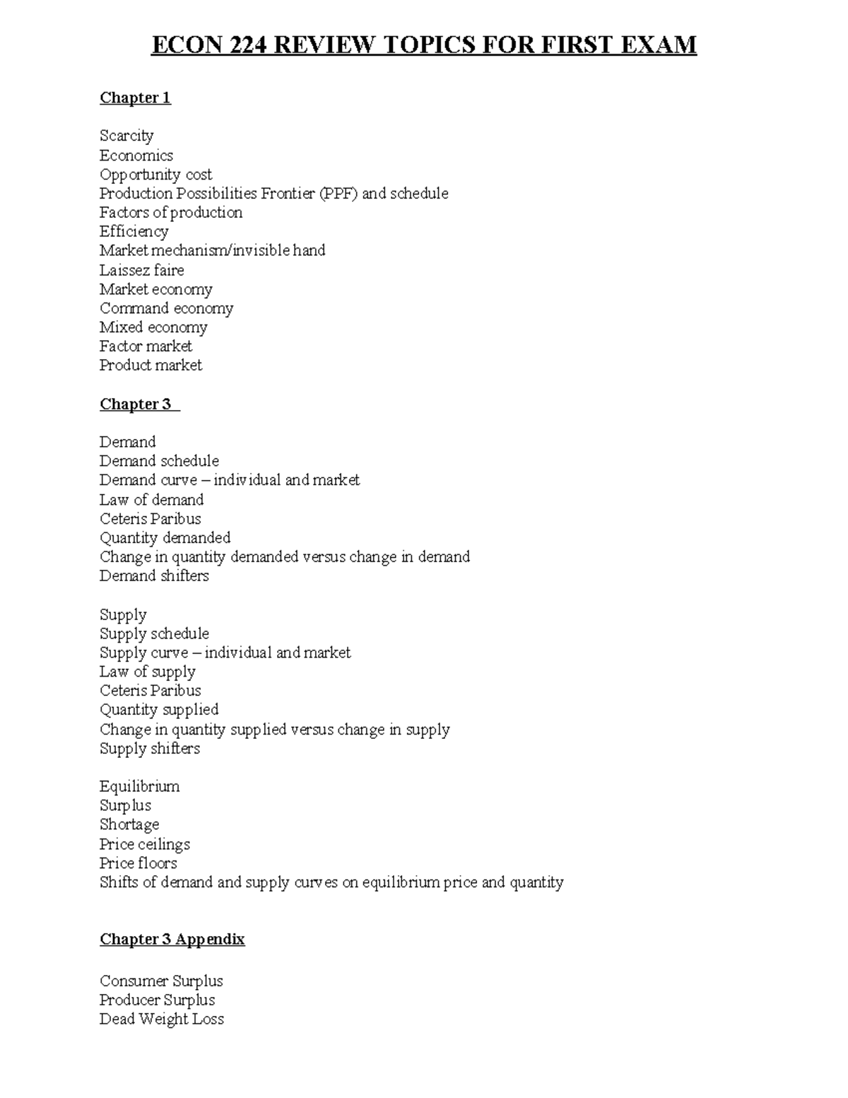 Econ 224 Review Topics FOR First EXAM - ECON 224 REVIEW TOPICS FOR ...