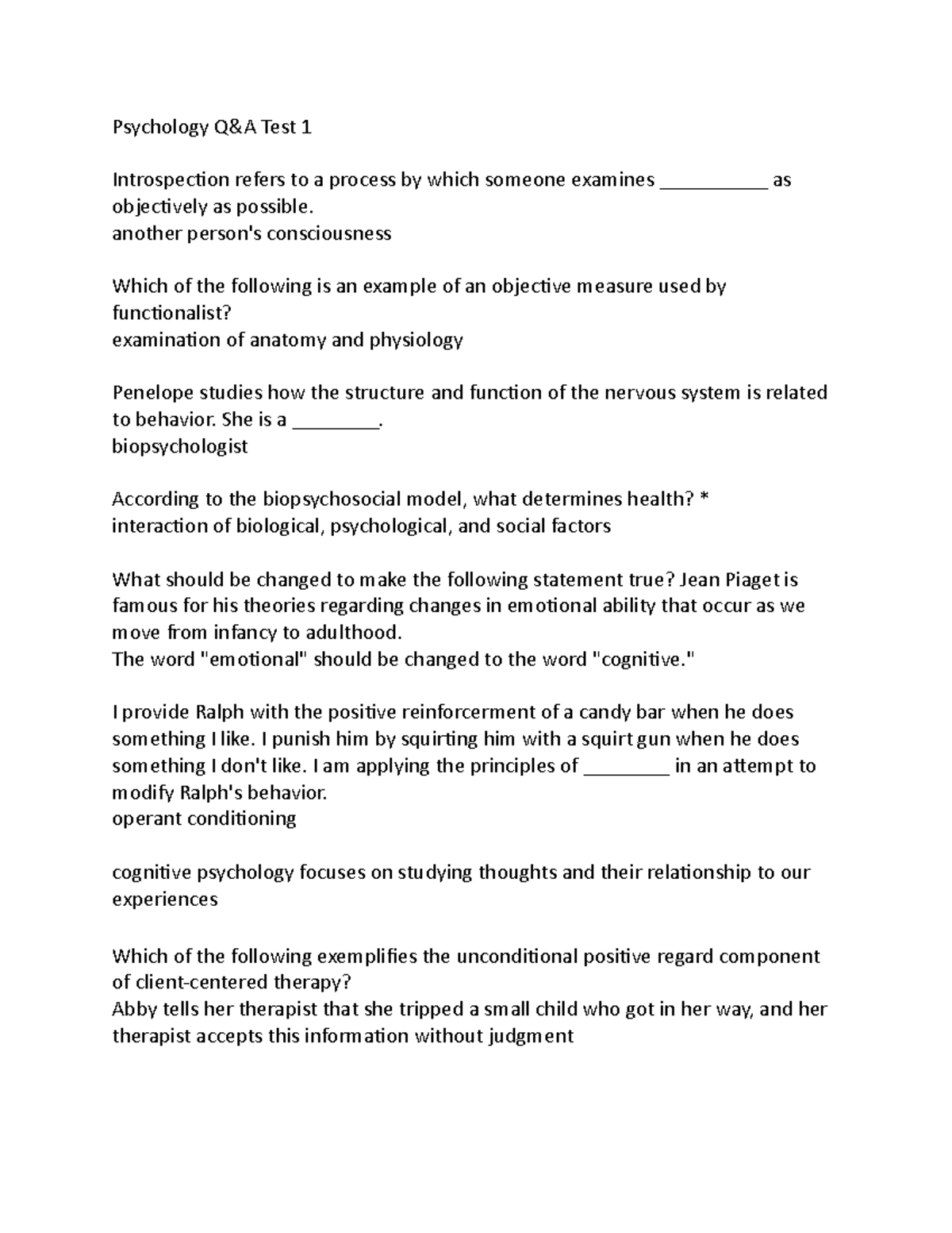 Psychology Test 1 - Psychology Q&A Test 1 Introspection refers to a ...