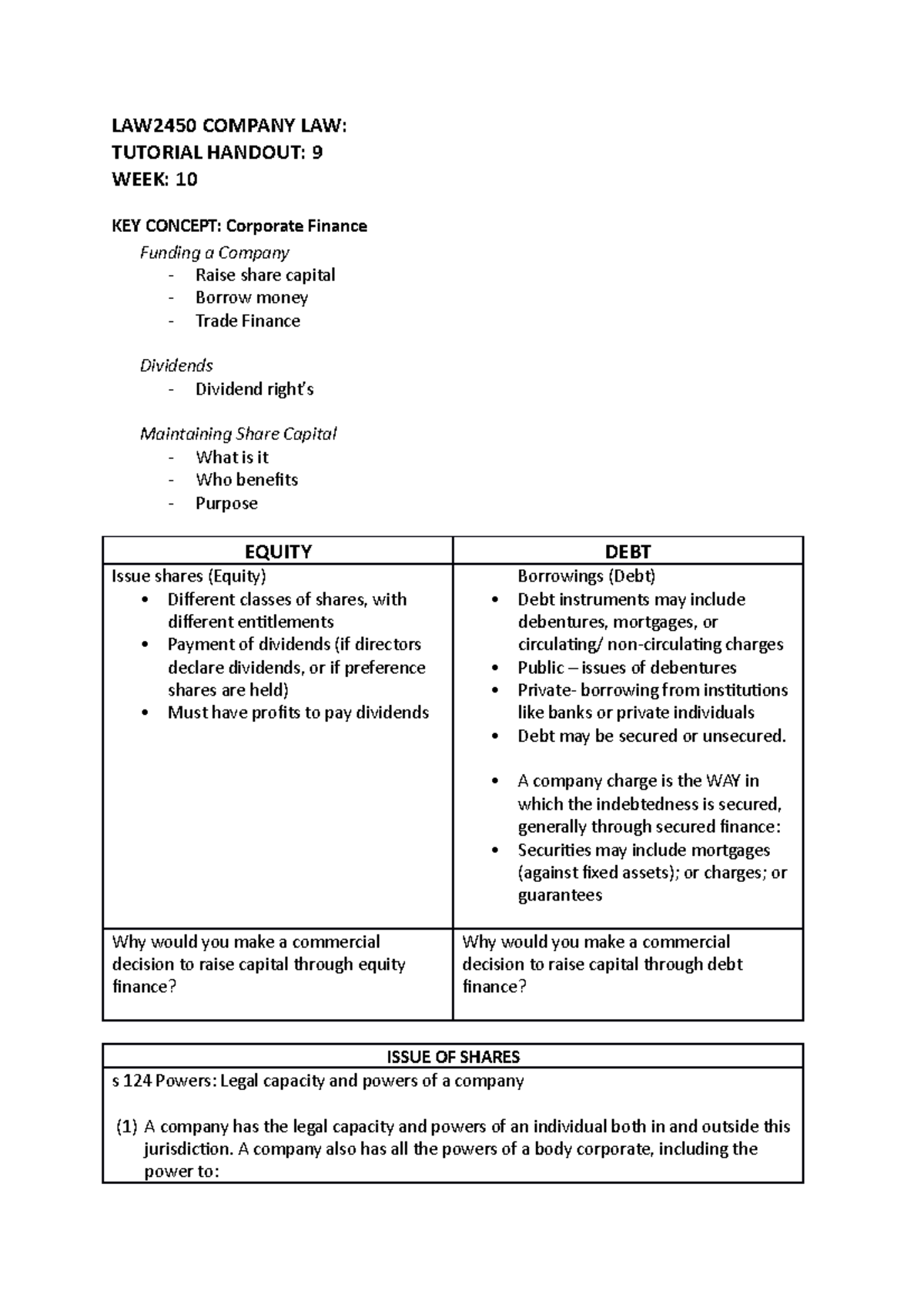 Tutorial 9 Handout - Corporate Finance - LAW2450 COMPANY LAW: TUTORIAL ...