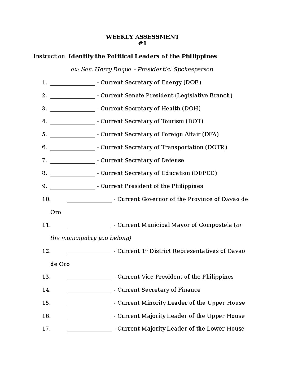 Weekly Assessment - PPG - WEEKLY ASSESSMENT Instruction: Identify the ...