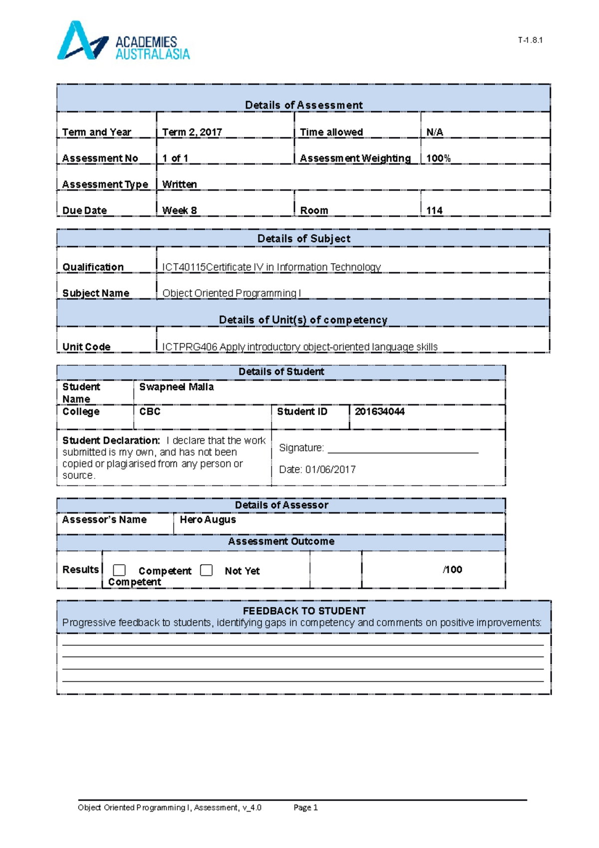 Assessment Object Oriented Programming I Details Of Assessment Term