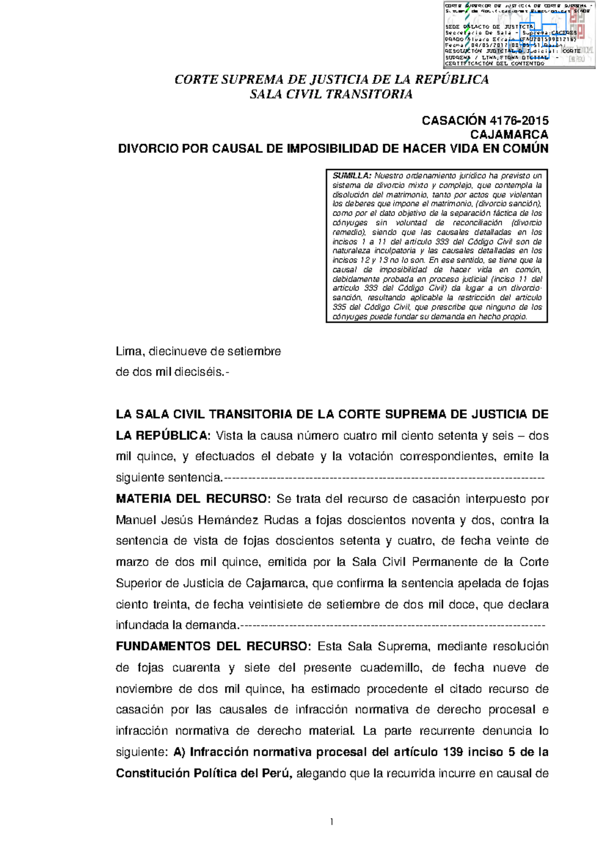 Casación 4176 2015 Cajamarca Divorcio por causal de imposibilidad de ...