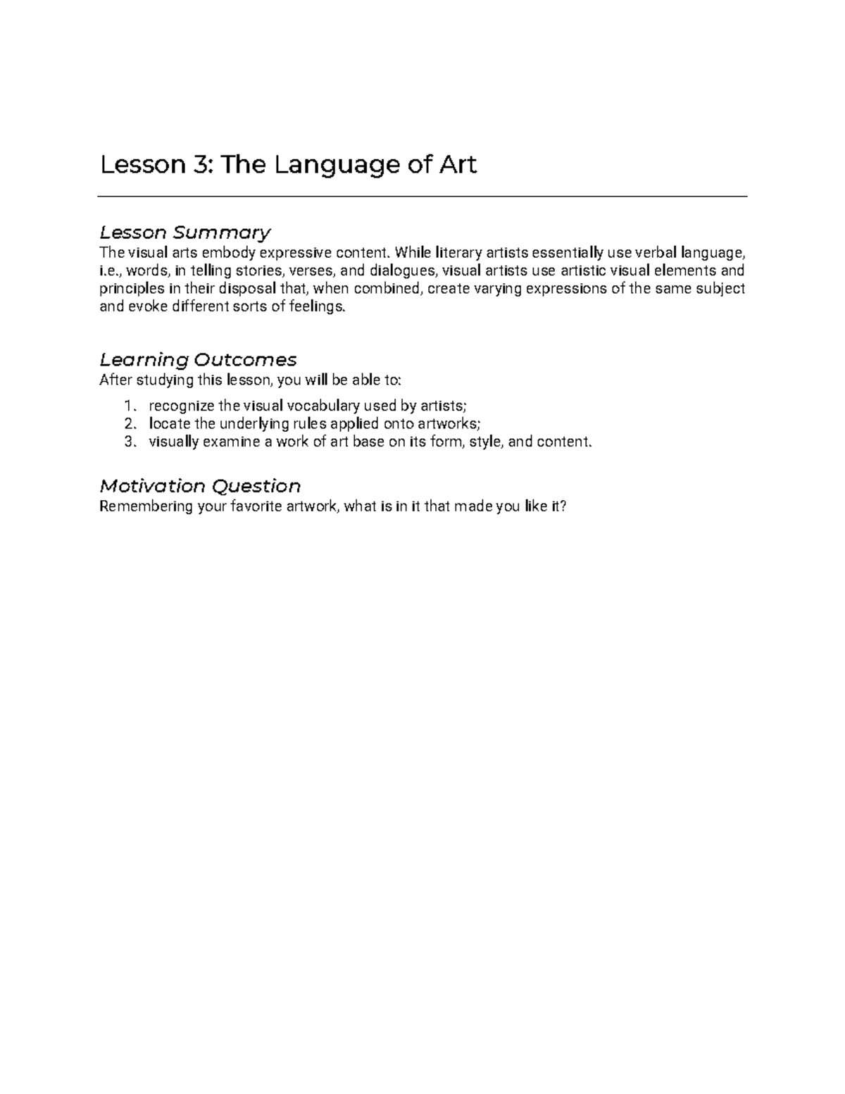 Lesson 3 - The Language of Art (Student Copy) - Lesson 3: The Language ...