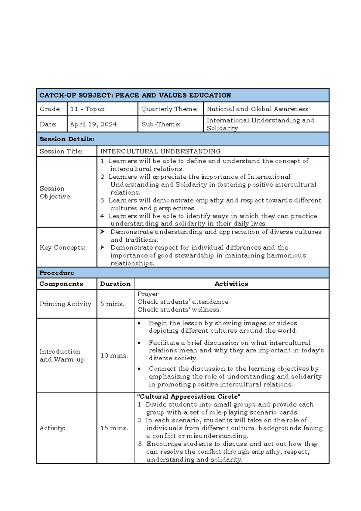 Lesson Plan in Peace and Values Education- Cultivating Intercultural ...